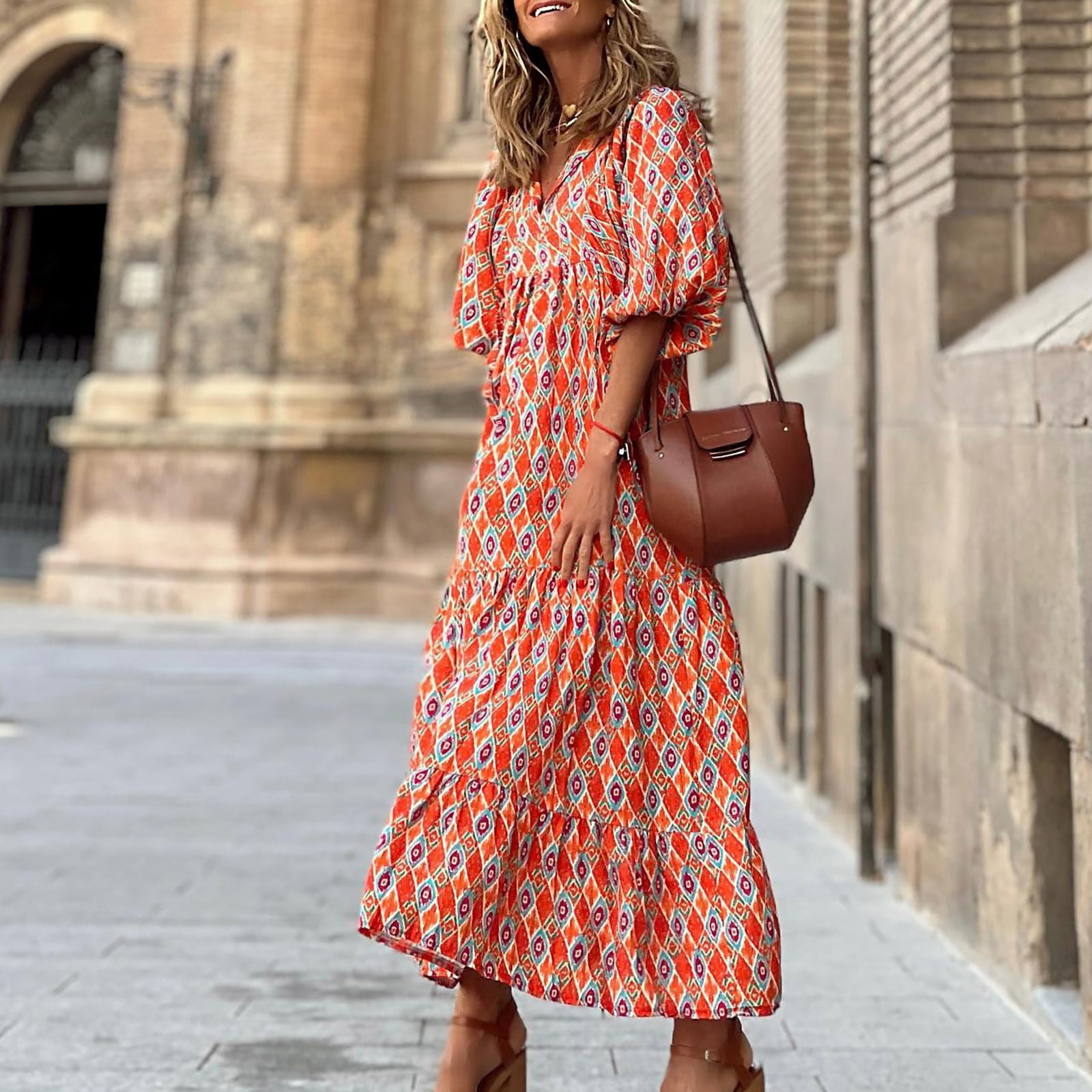 Steady Clothing Women V Neck Boho Floral Puff Sleeve Tiered Maxi Dress