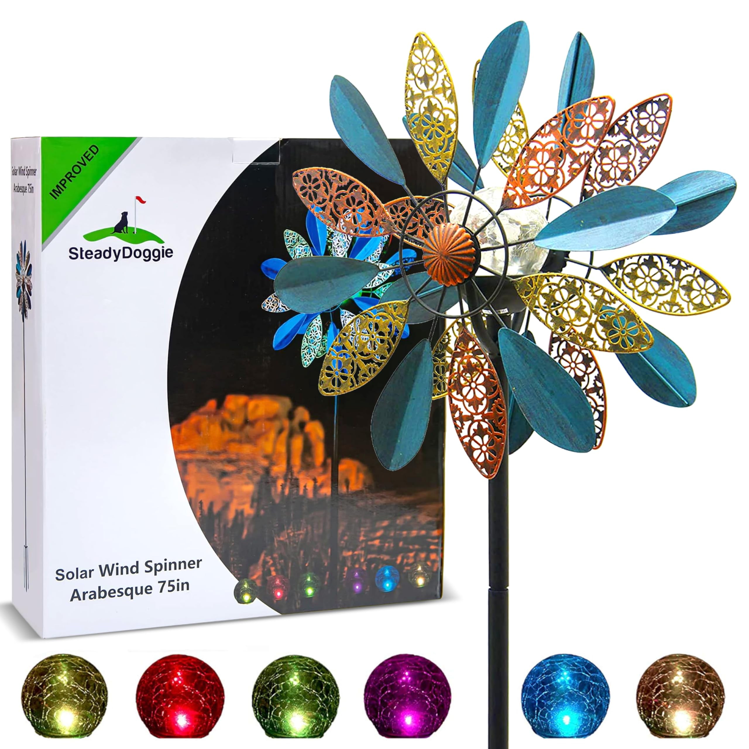 SteadyDoggie 75 Inch Wind Spinners Arabesque - Solar-Powered with Multi ...