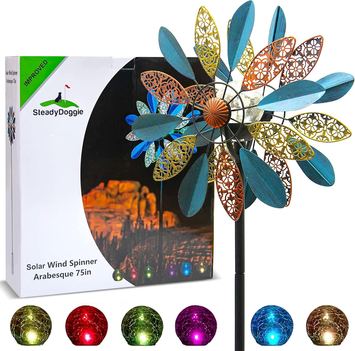 SteadyDoggie 75 Inch Wind Spinners Arabesque - Solar-Powered with Multi ...
