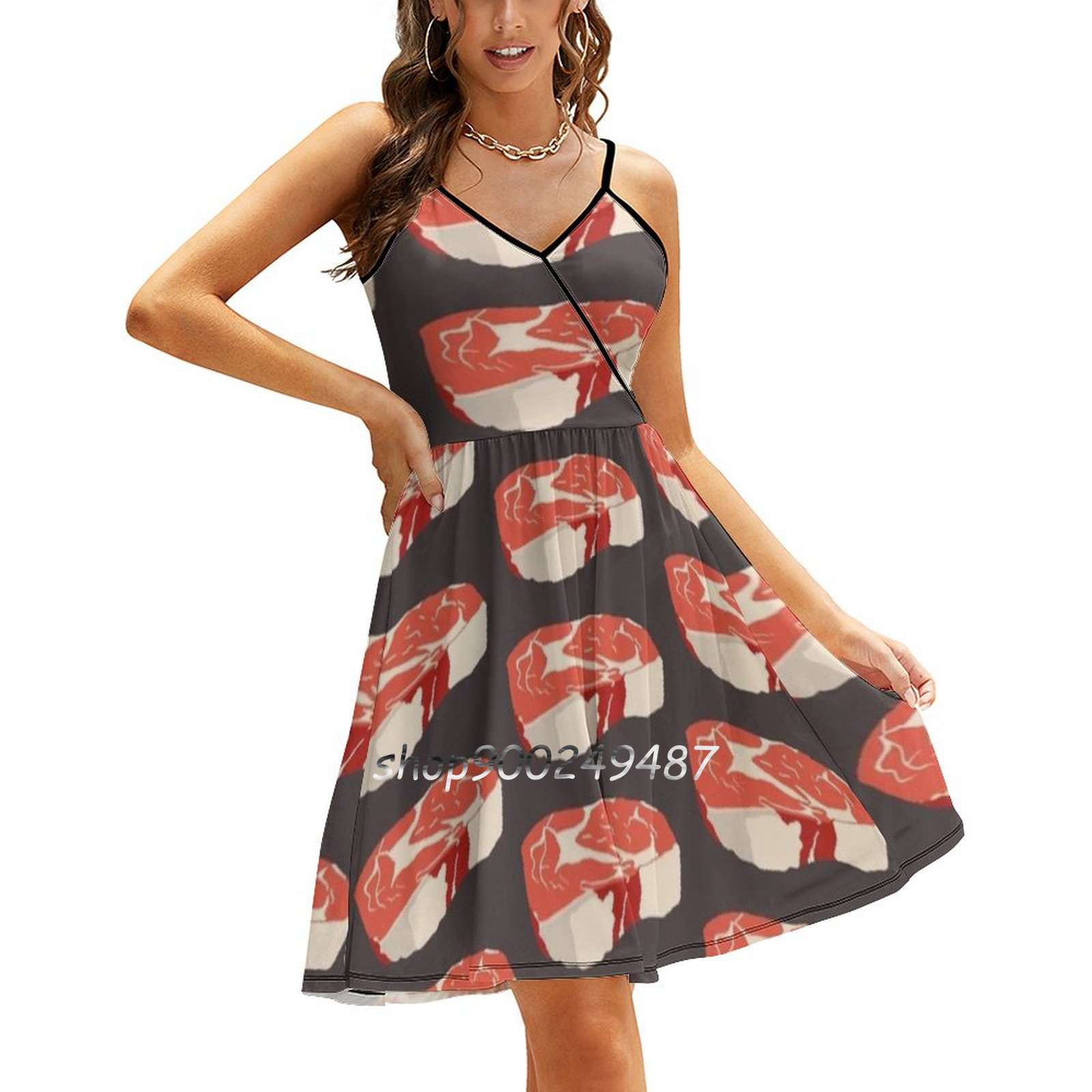 Steak Illustration Square Neck Dress New Plus Size Elegant Women Waist ...