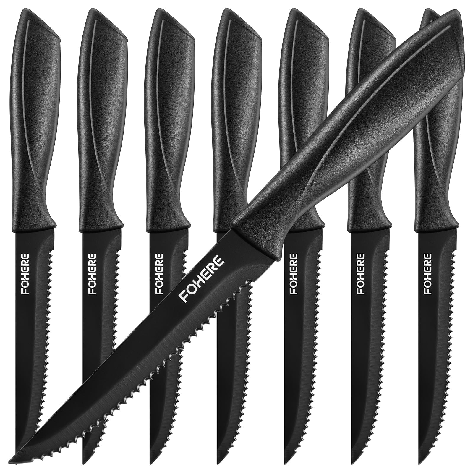 Steak Knives, Serrated Steak Knife Set of 8, Black Stainless Steel ...