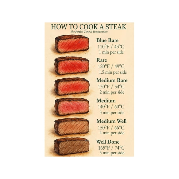 Steak Temperature Chart Poster Internal Temp Guide Canvas Wall Art ...