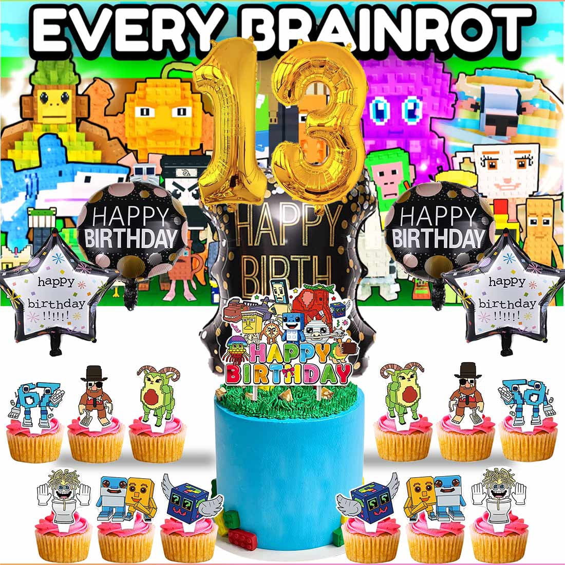 Steal a Brainrot 13th Tableware Balloons Cake Toppers Backdrop Banner ...