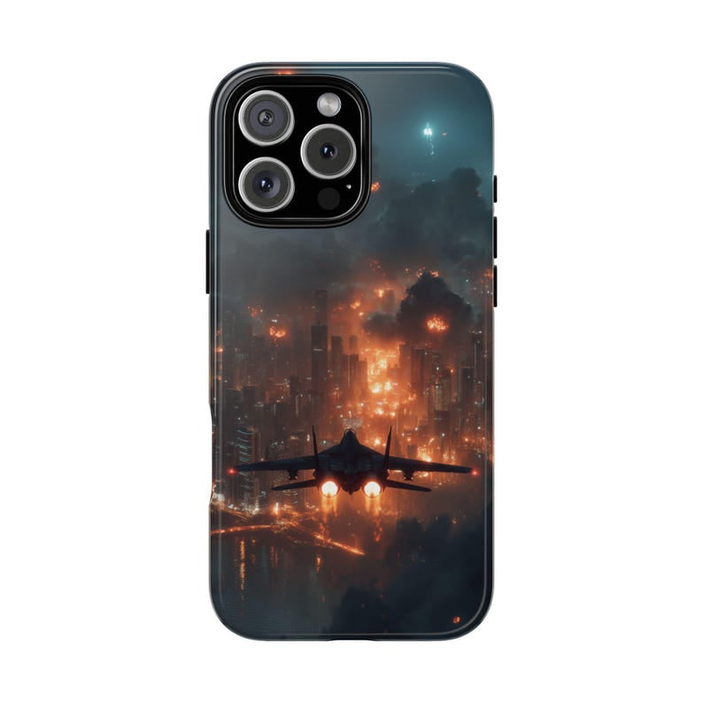 Stealth Jet Plane Over City Skyline Fire Scene Case for iPhone 17 16 15 ...