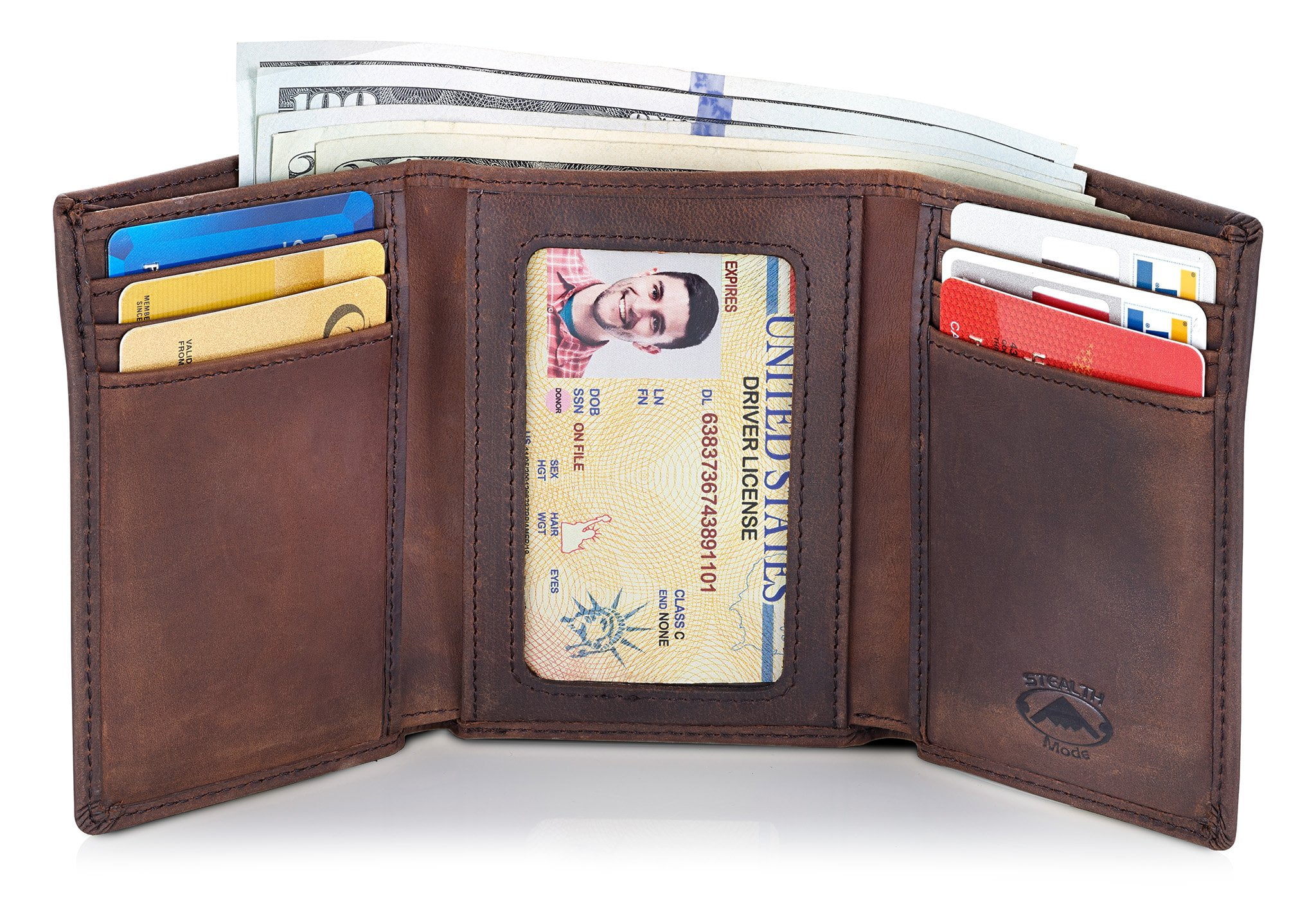 Stealth Mode Men's Trifold Leather Wallet with RFID Blocking, 9 Card Slots, Brown - Walmart.com