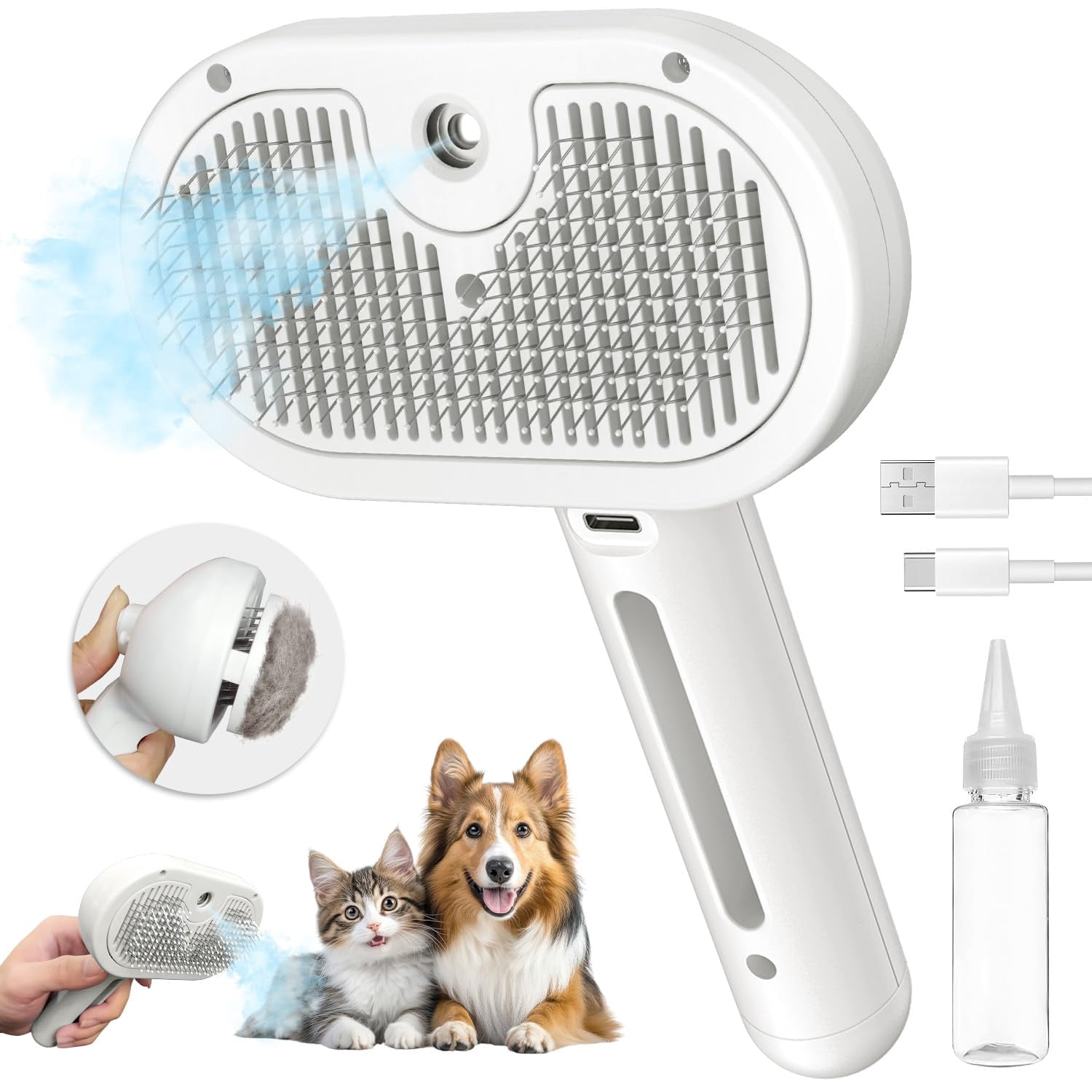 Steam Cat Brush for Shedding, 3 In 1 Steam Cat Brush Self Cleaning Dog ...