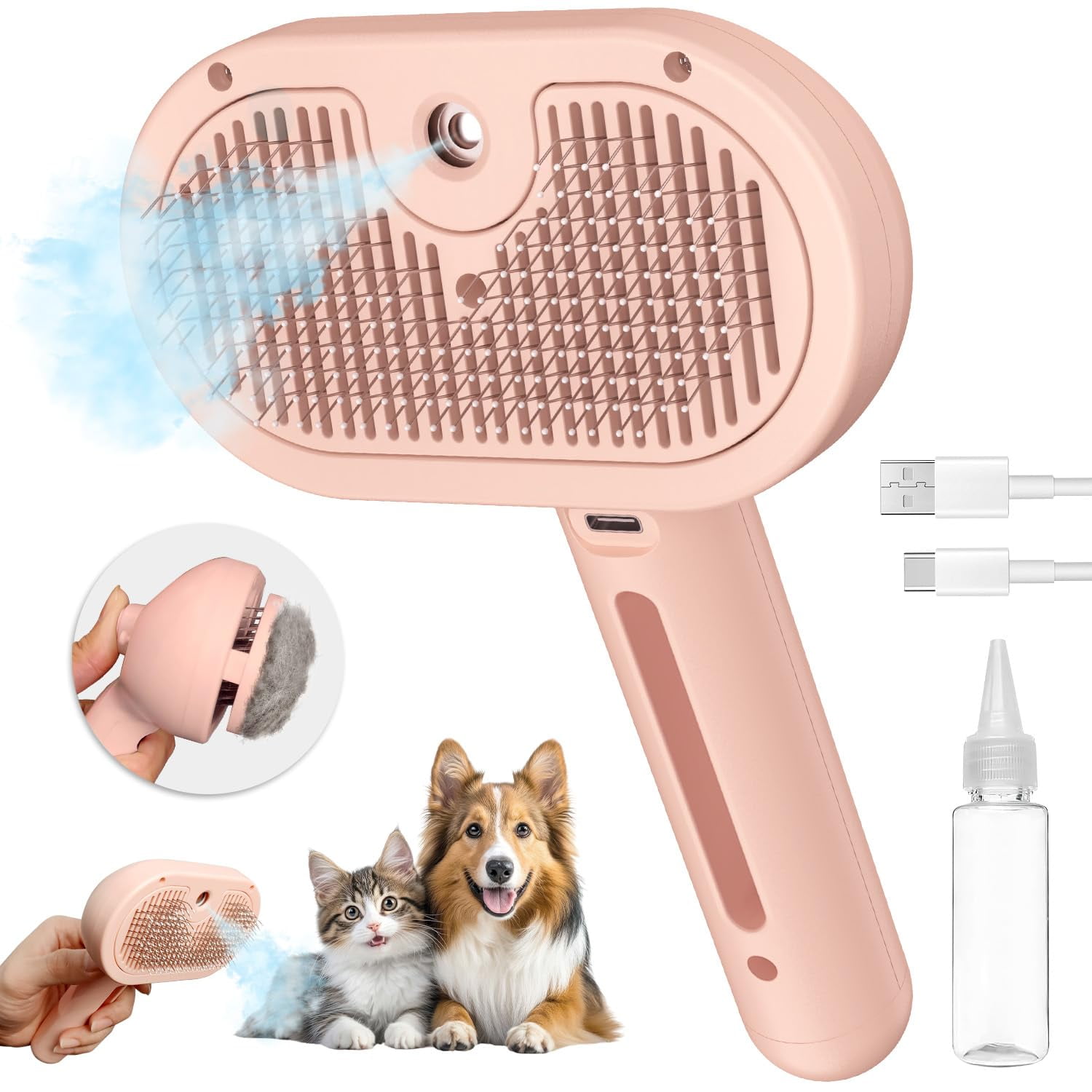 Steam Cat Brush for Shedding, 3 In 1 Steam Pet Brush Self Cleaning, Dog ...