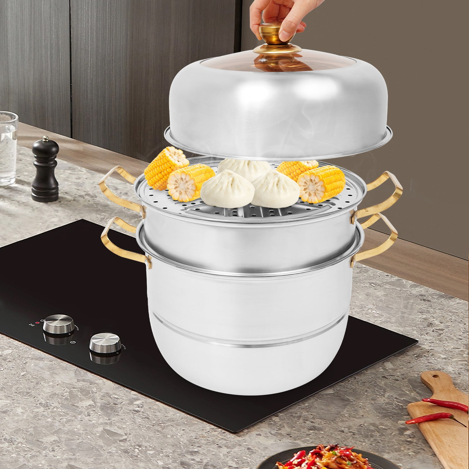 Steam Cooker, Stainless Steel Steam Cooker, 3-tier Steam Cooker Silver ...