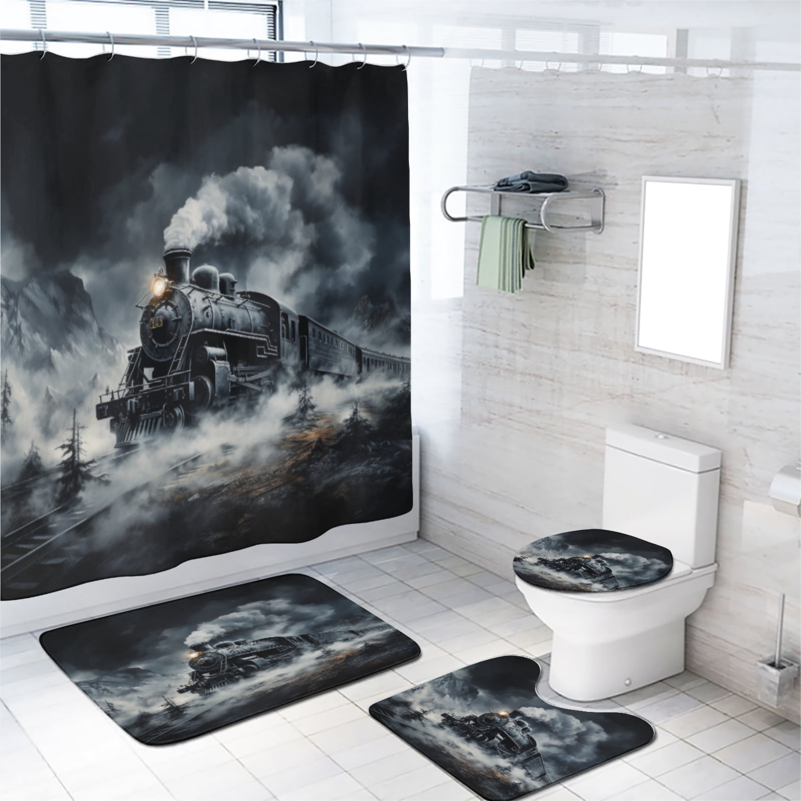 Steam Engine 4 Piece Shower Curtain Sets Rustic Old Train in Country ...