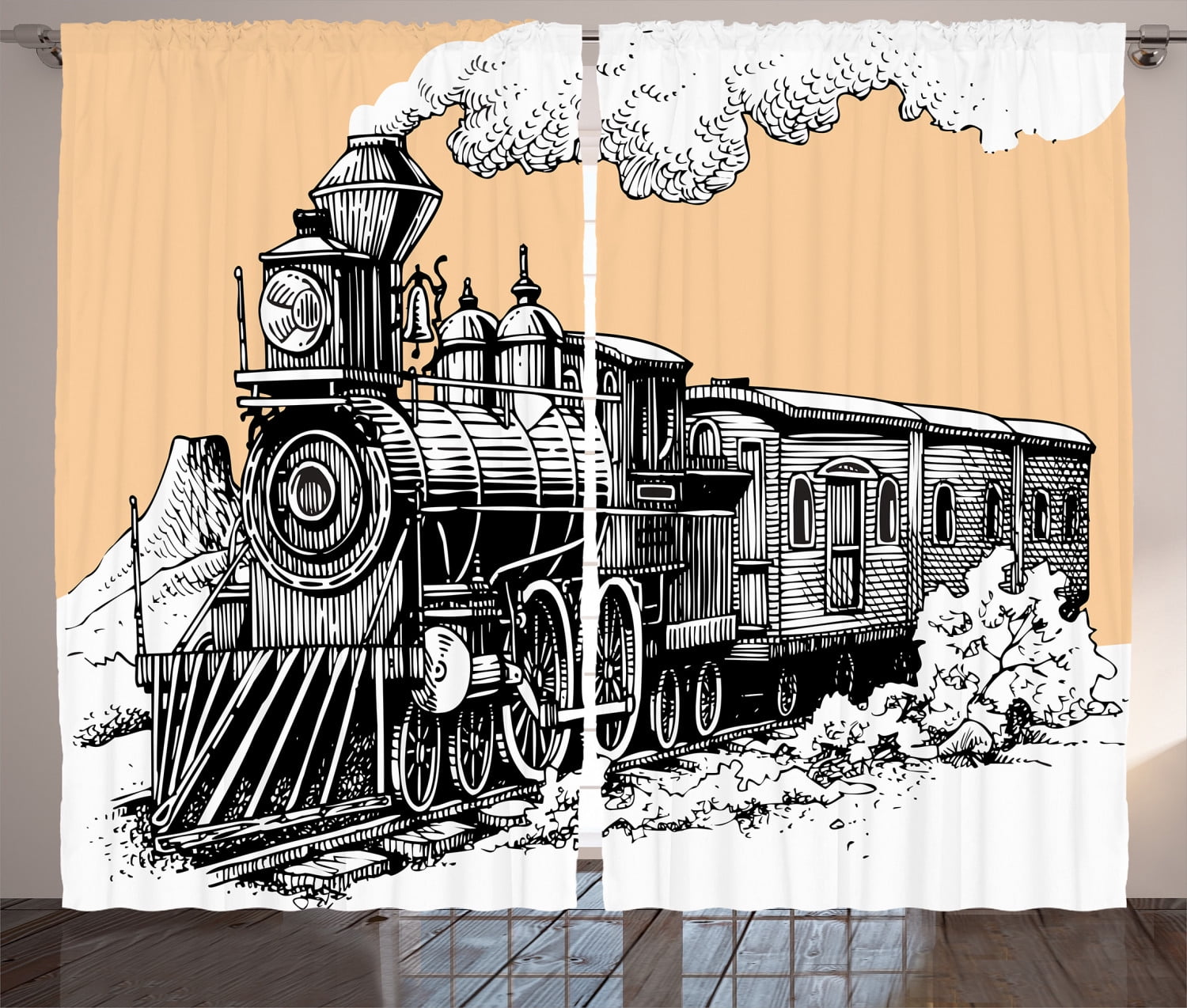 Ambesonne Steam Engine Curtains 2 Panel Set, Old Wooden Train, 108" x ...