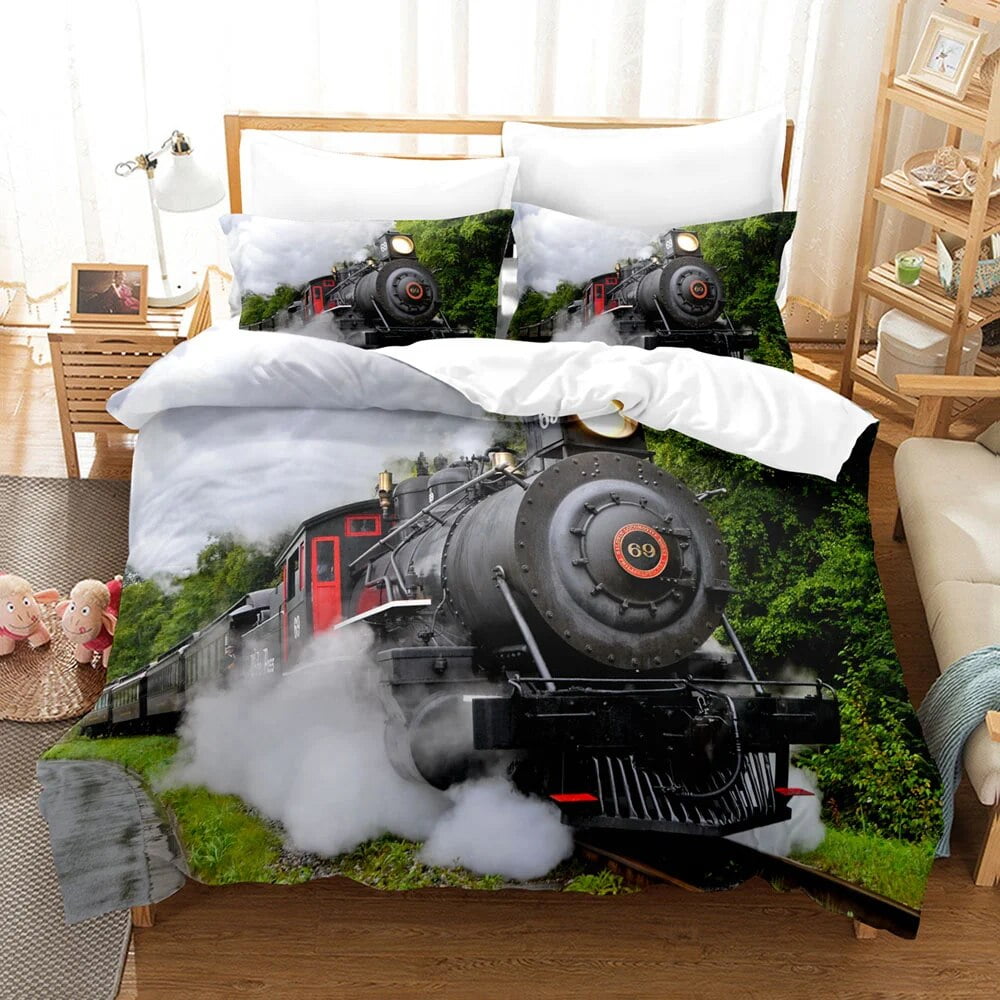 Steam Engine Duvet Cover Set Black Smoke Vintage Locomotive Train ...