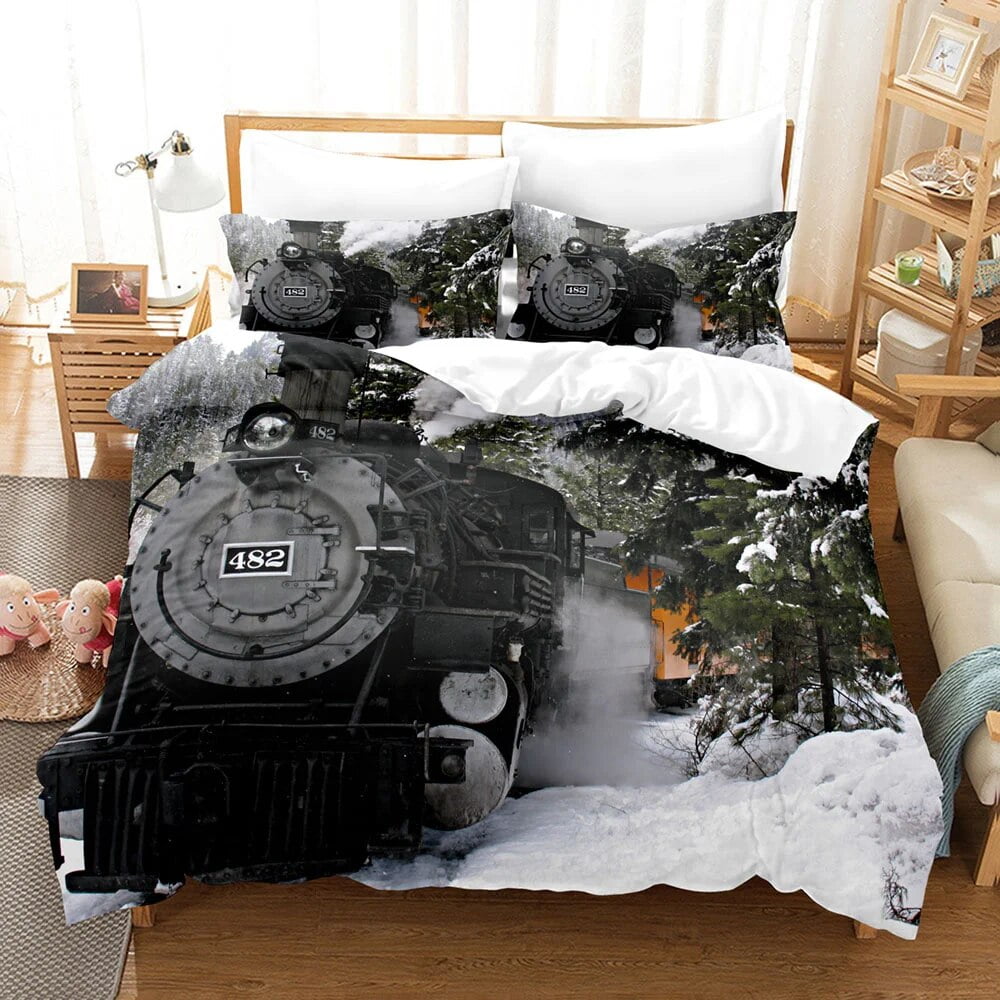 Steam Engine Duvet Cover Set Black Smoke Vintage Locomotive Train ...