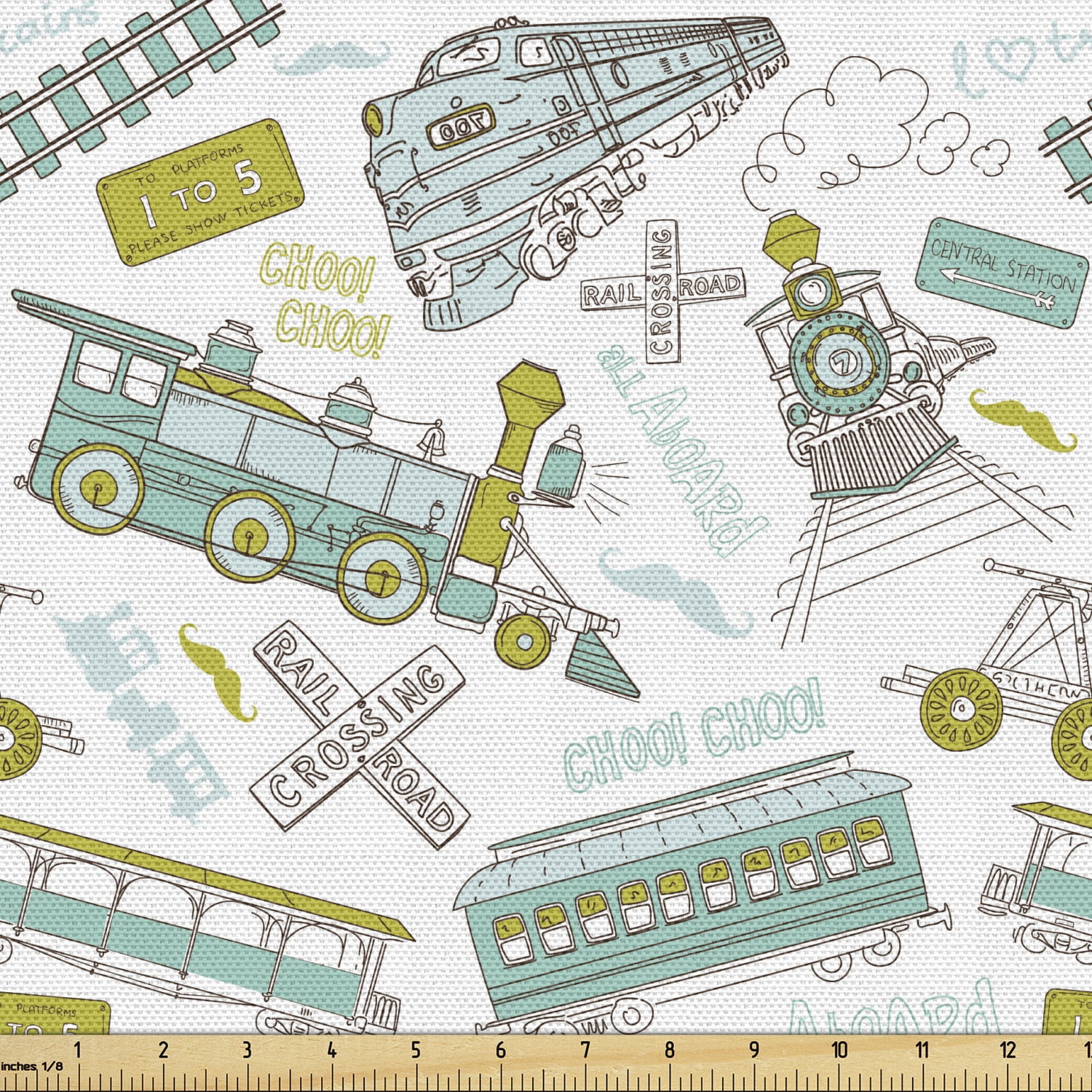 Ambesonne Steam Engine Fabric by the Yard Upholstery, Train Pattern ...