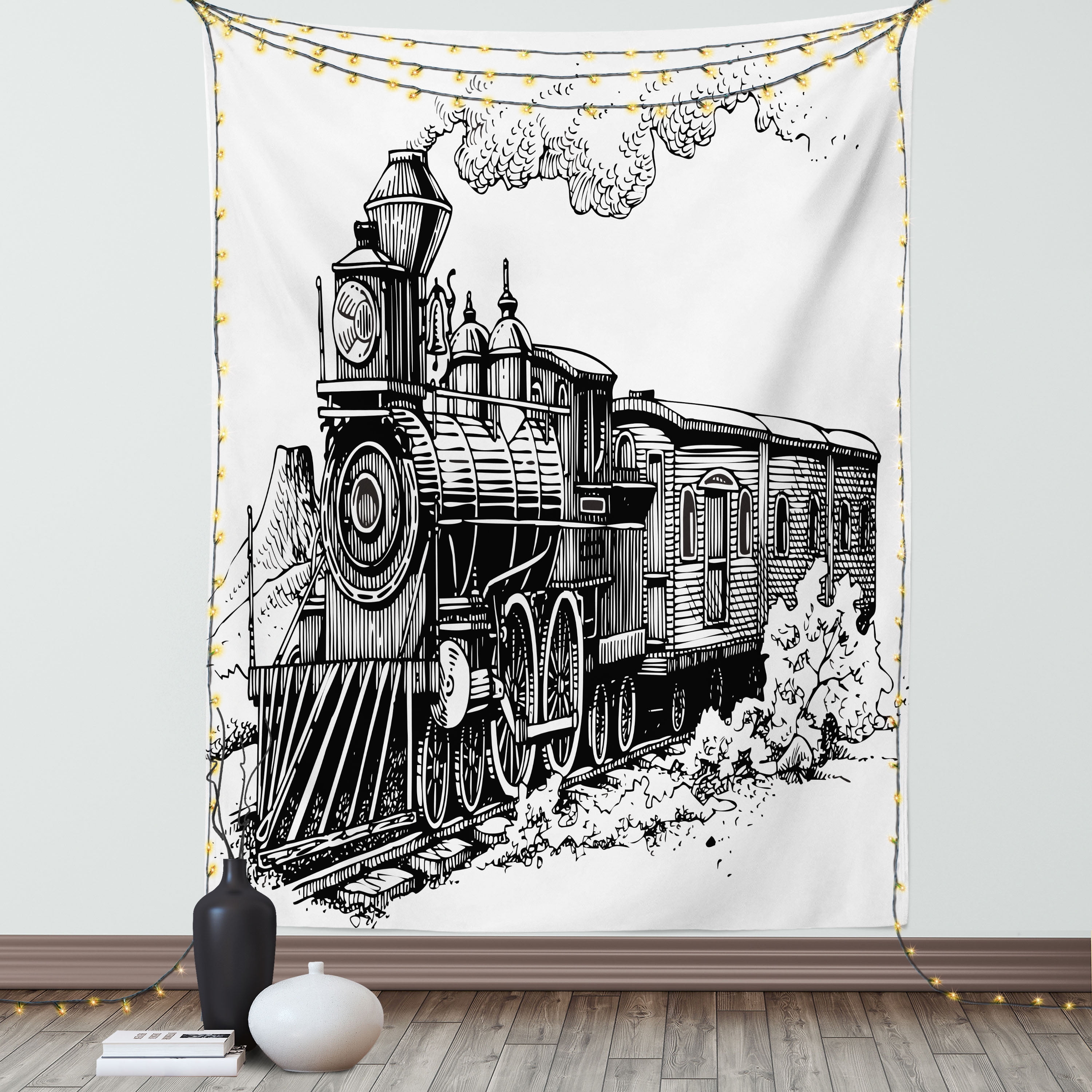 Steam Engine Tapestry, Rustic Old Train in Country Locomotive Wooden ...