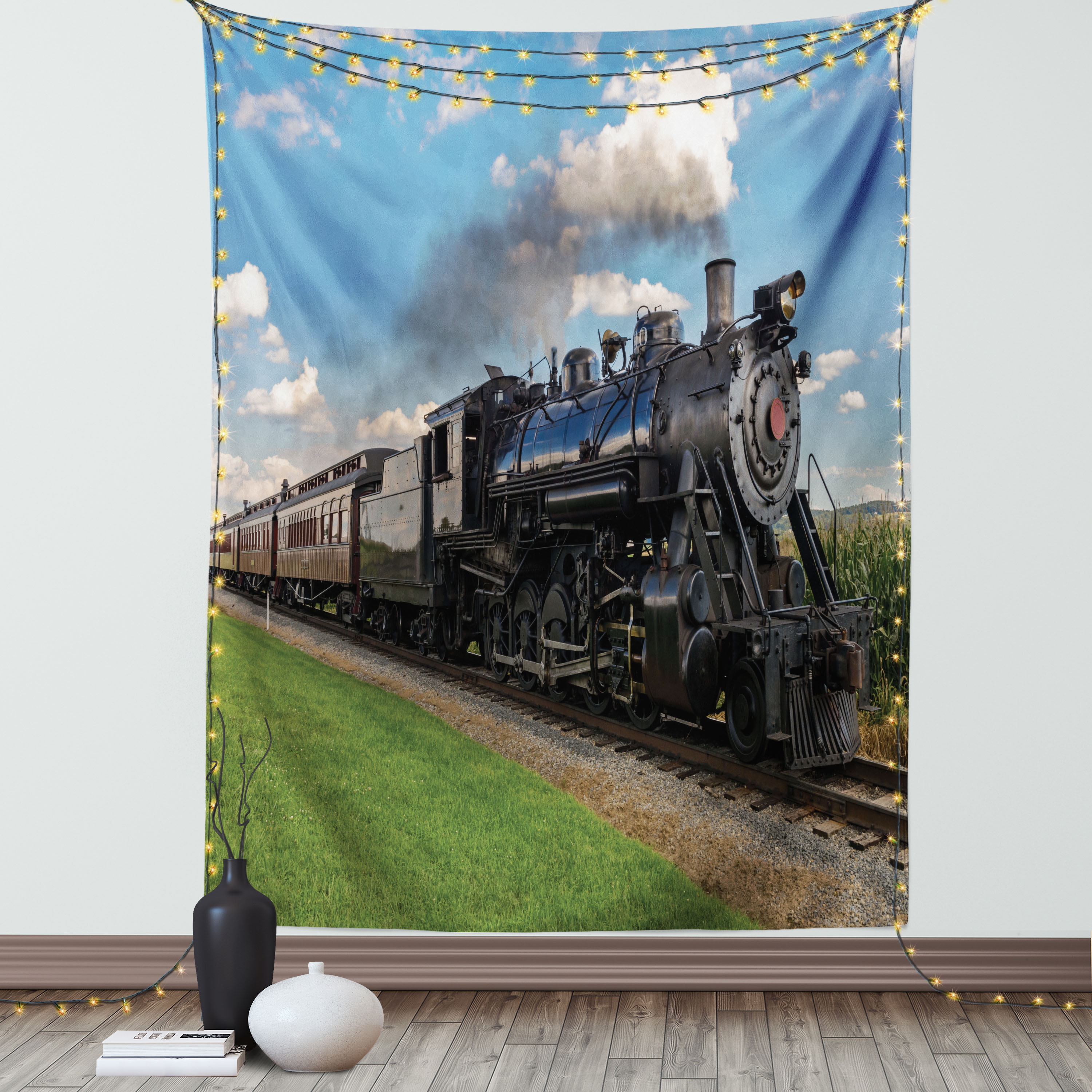 Steam Engine Tapestry, Vintage Locomotive in Countryside Scenery Green ...