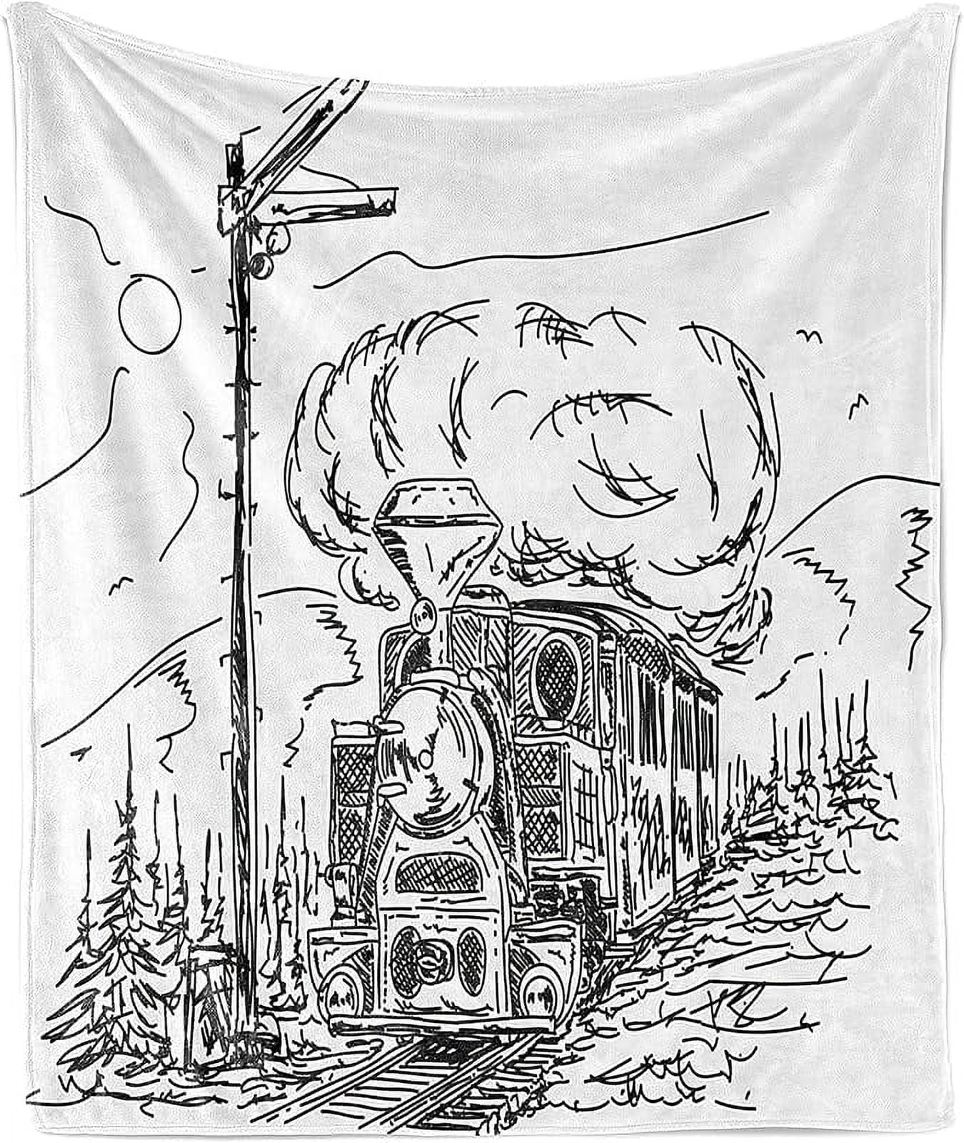 Steam Engine Throw Blanket, Black and White Old Train on Railroad ...