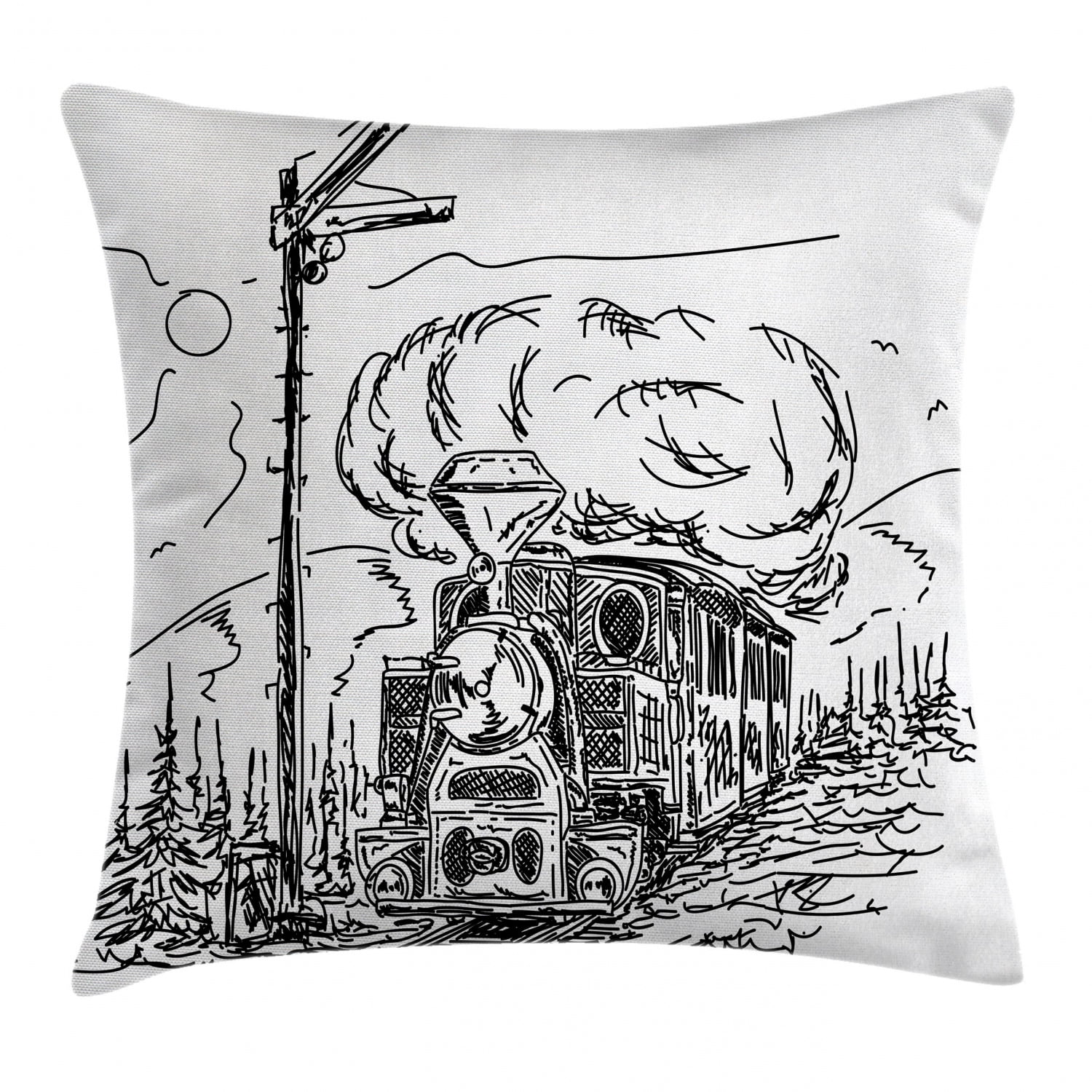 Steam Engine Throw Pillow Cushion Cover, Black and White Old Train on ...