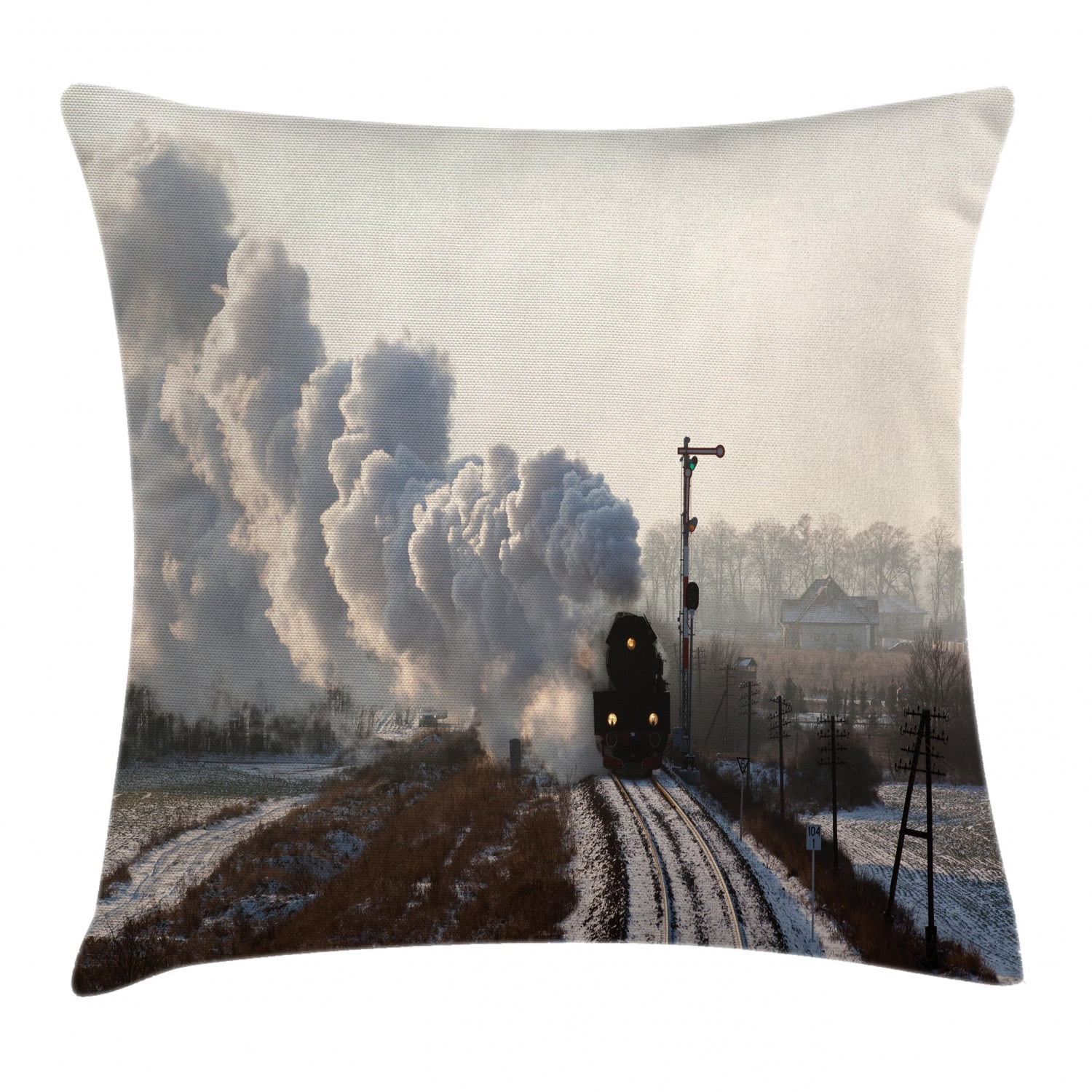 Steam Engine Throw Pillow Cushion Cover, Train on Rails Winter Snow ...