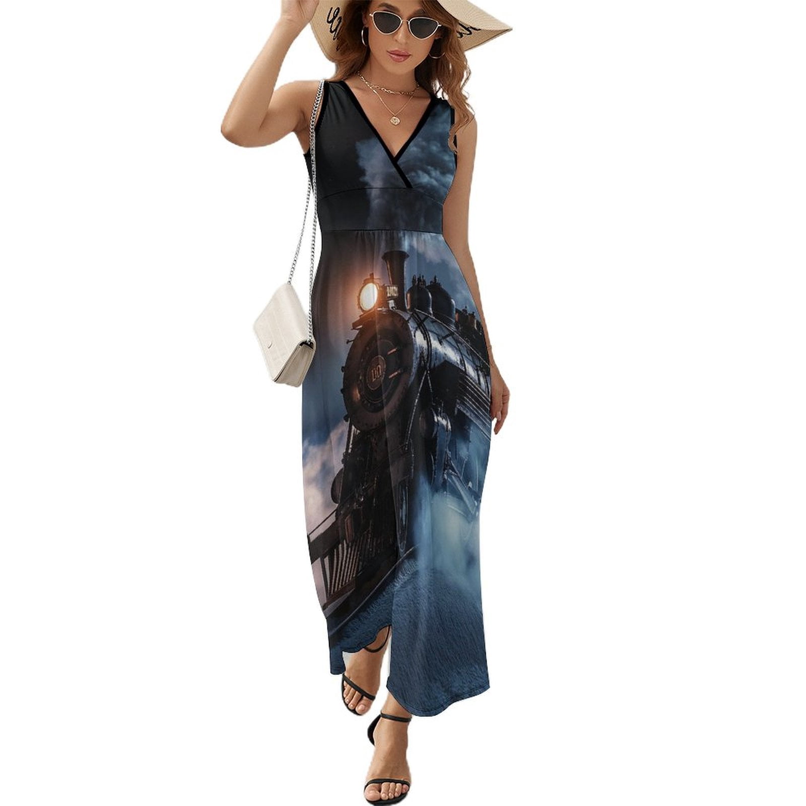 Steam Engine Vintage Locomotive Train Womens V-Neck Maxi Dresses ...