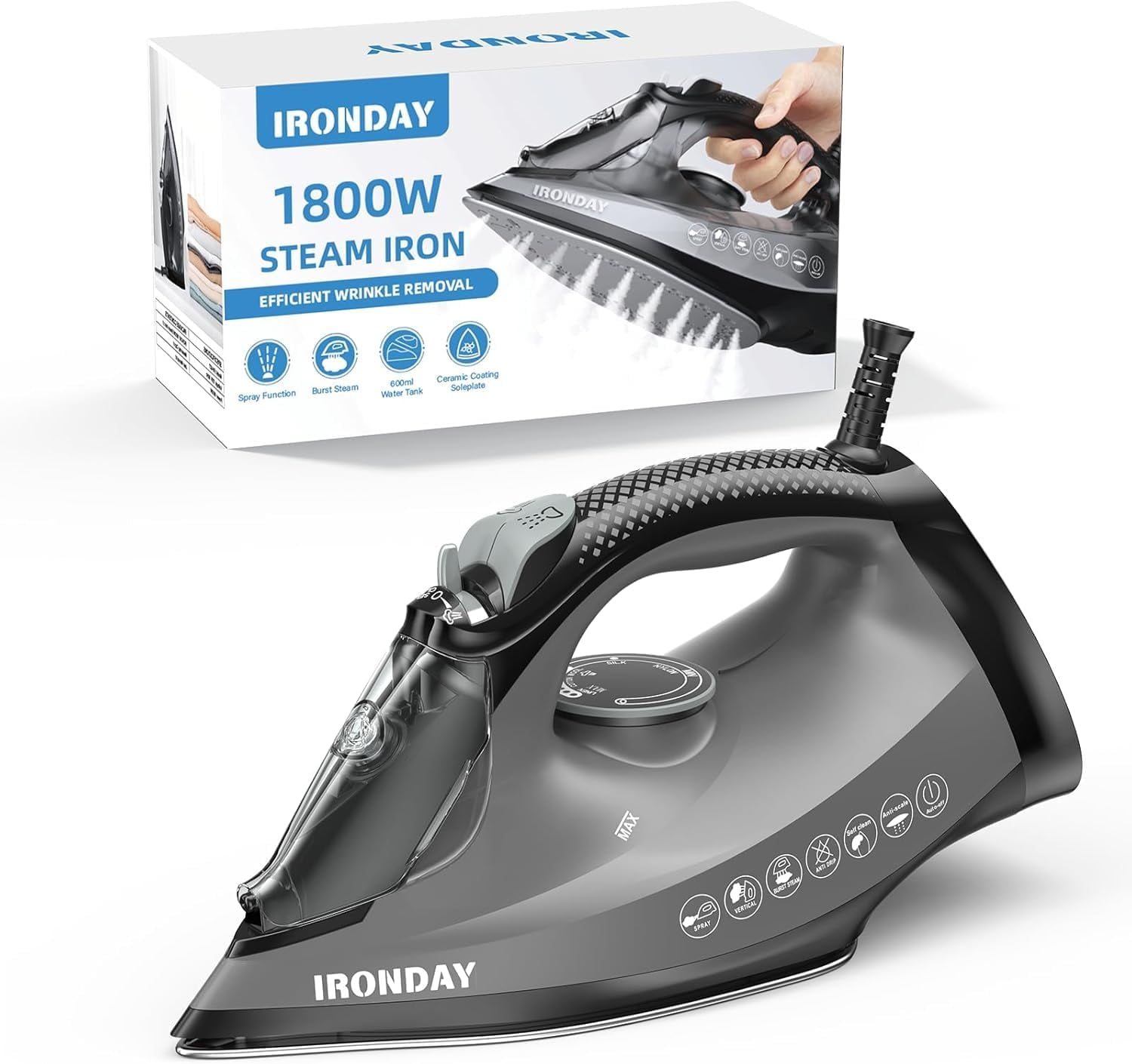 Steam Iron for Clothes, 1800W with 20.28oz Water Tank,Ceramic Soleplate ...