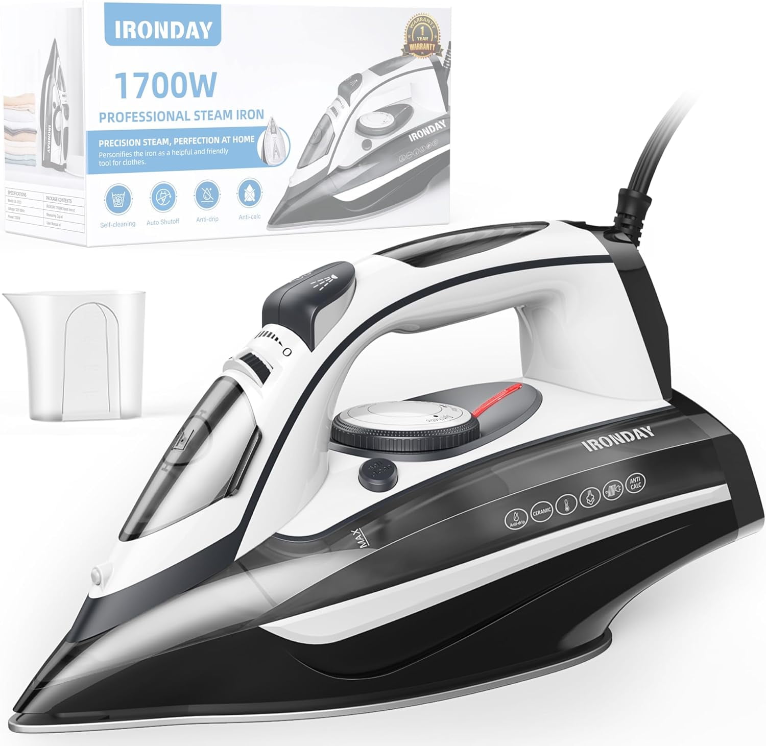Steam Iron for Clothes 20s Fast Heat-up,1700W Iron with 14.07oz Large ...