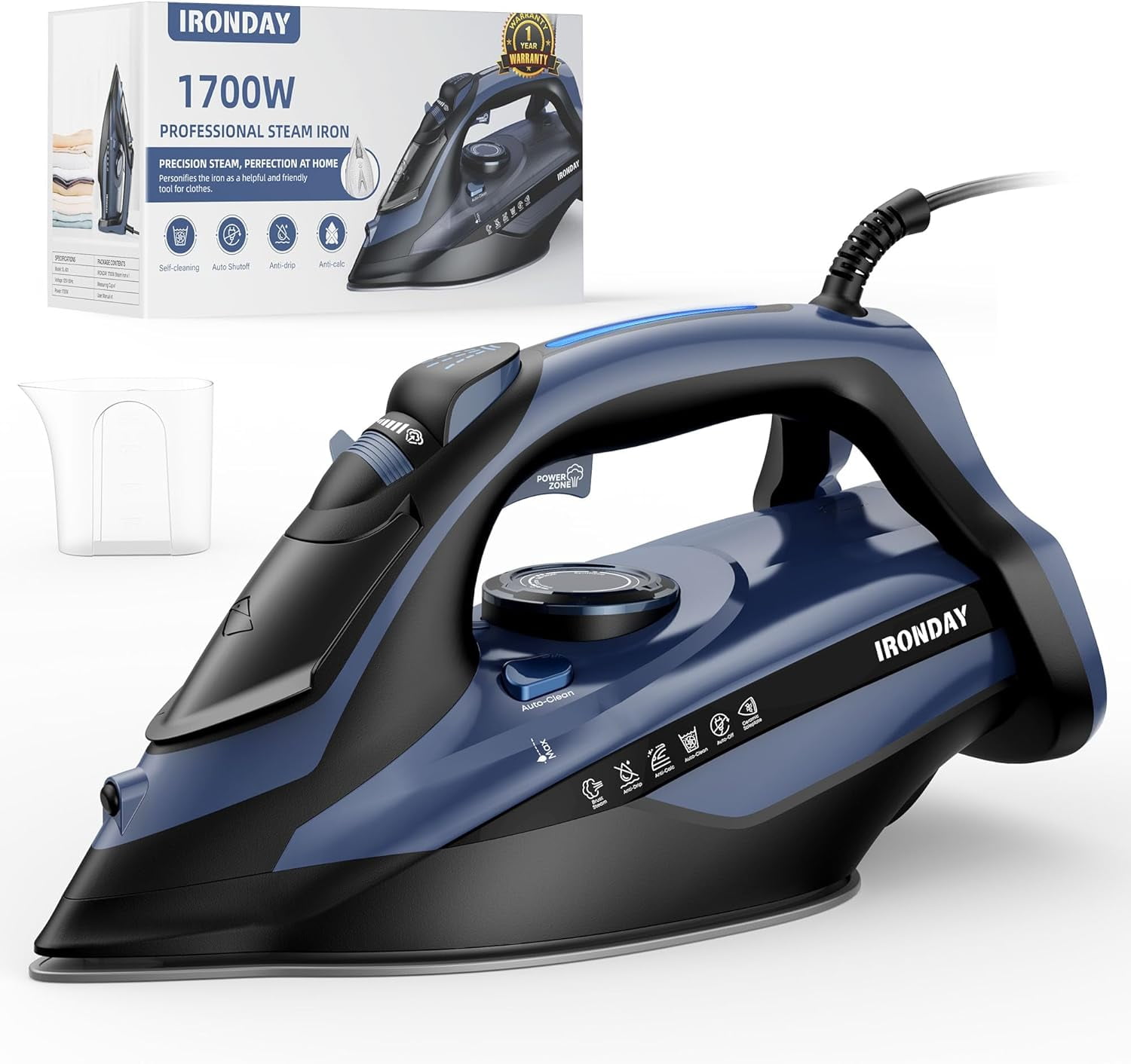Steam Iron for Clothes 20s Fast Heating, 1700W with 15.21oz Large Water ...