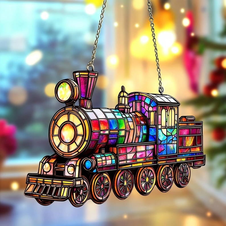 Steam Train Acrylic Suncatcher, Locomotive Faux Stained Glass Window ...