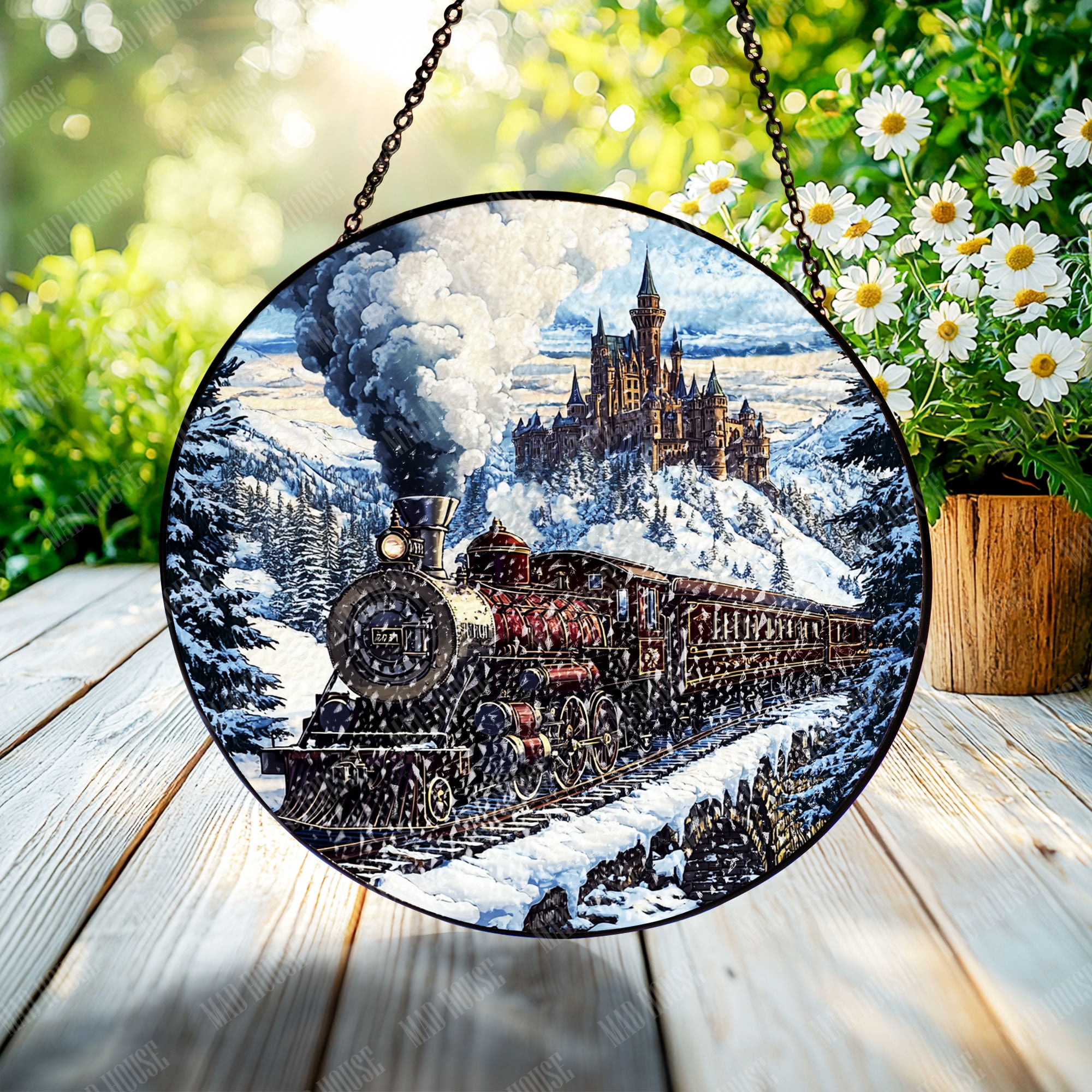 Steam Train and Castle Stained Glass Ornament, Stunning Window Hanging ...