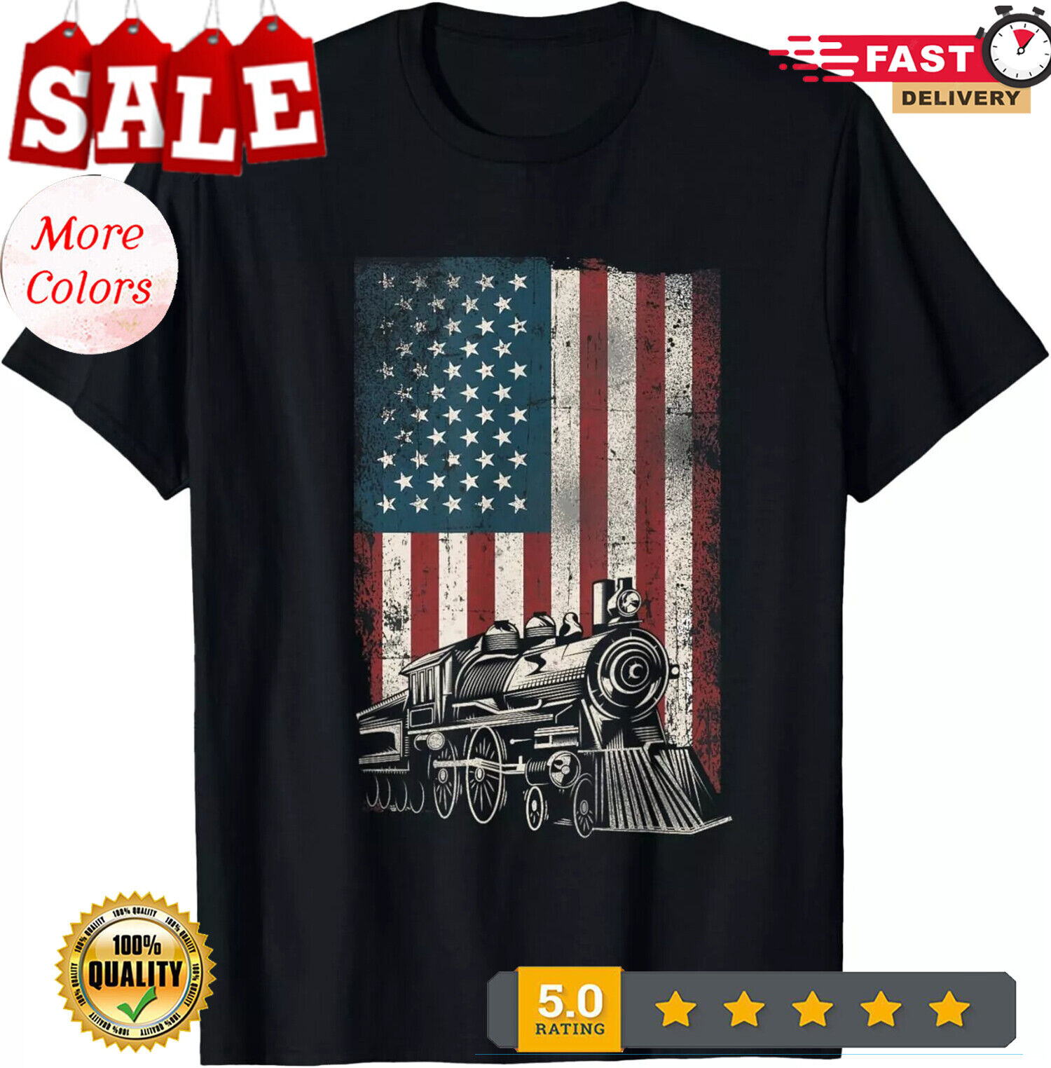Steam Train Driver Trainspotting Locomotive American Flag Gift Unisex T ...
