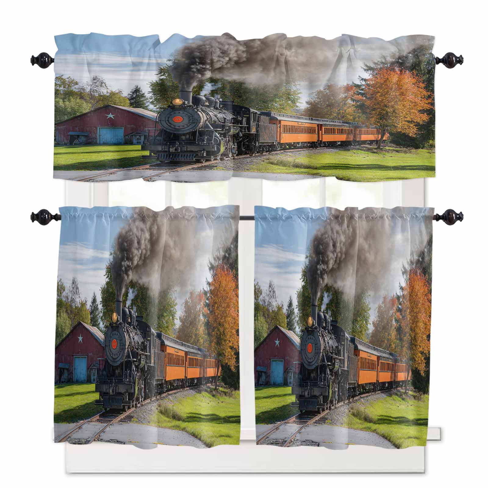 Steam Train Kitchen Curtains Valance and Tier Set Hose Tree Nature ...