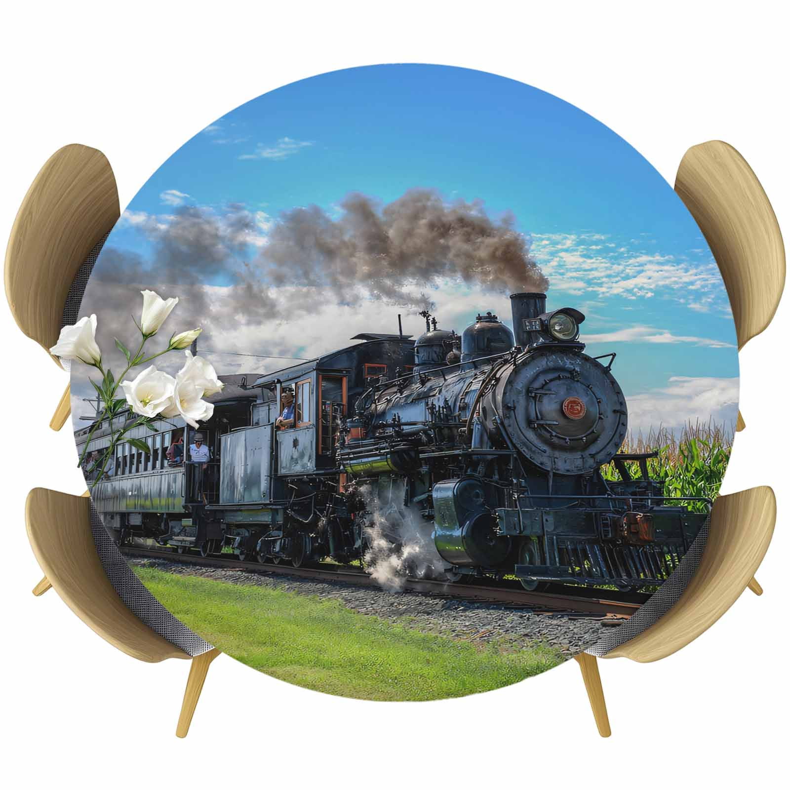 Steam Train Round Fitted Tablecloth with Elastic Edge, Railways Trees ...