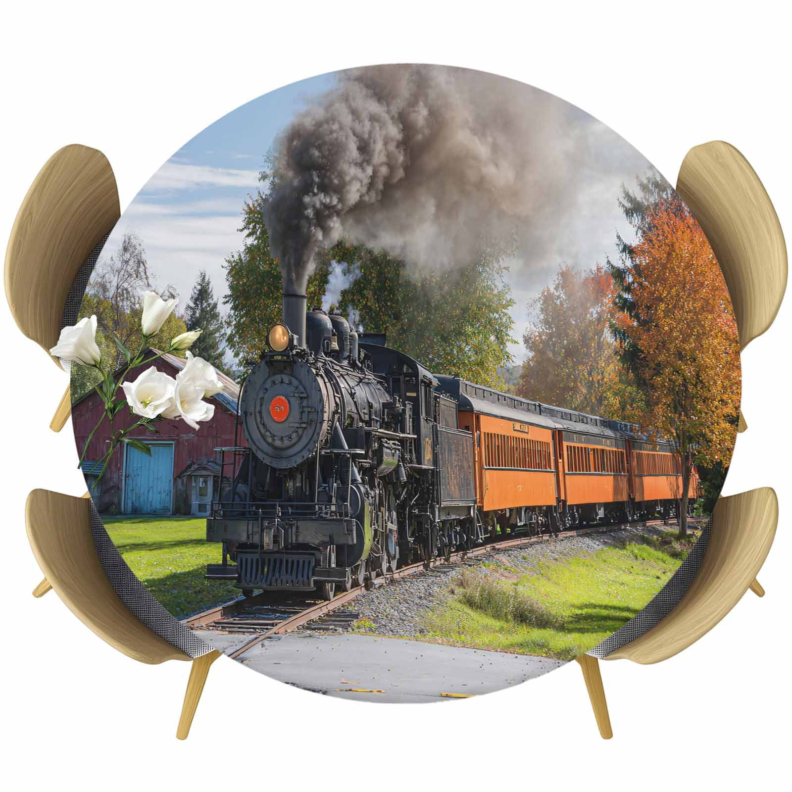 Steam Train Round Tablecloth, Fitted Table Cover with Elastic for 36 ...