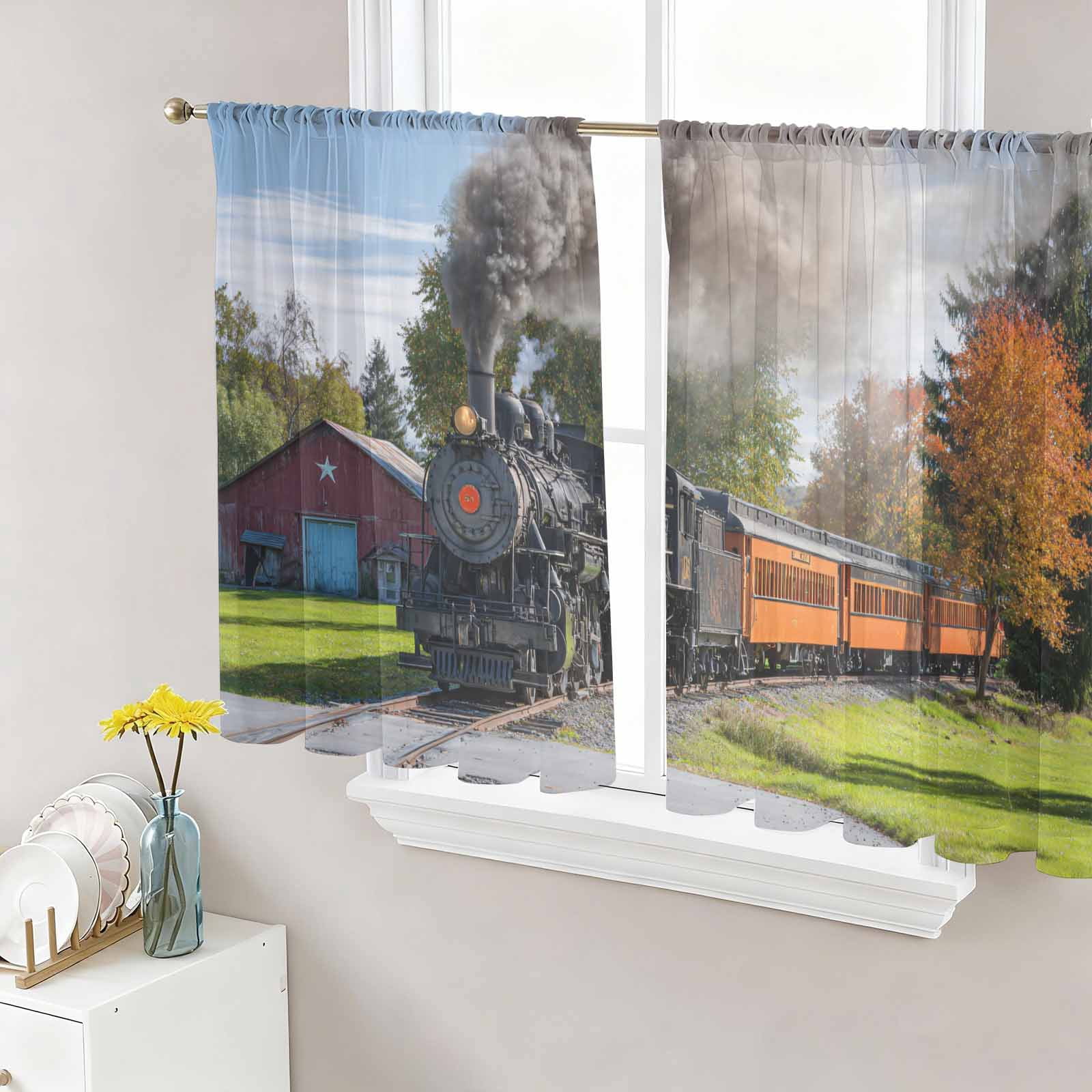 Steam Train Sheer Curtains 45 Inch Length 2 Panels for Living Room ...