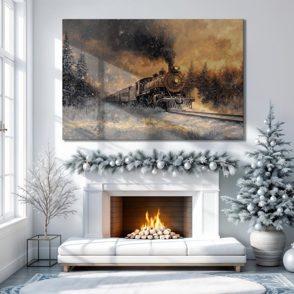 Steam Train In Snowy Forest Wall Art Locomotive On Railroad Poster ...