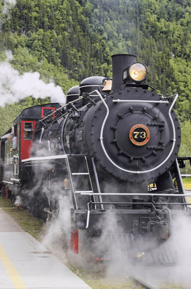 Steam locomotive #73 at downtown depot of White Pass & Yukon Route RR ...