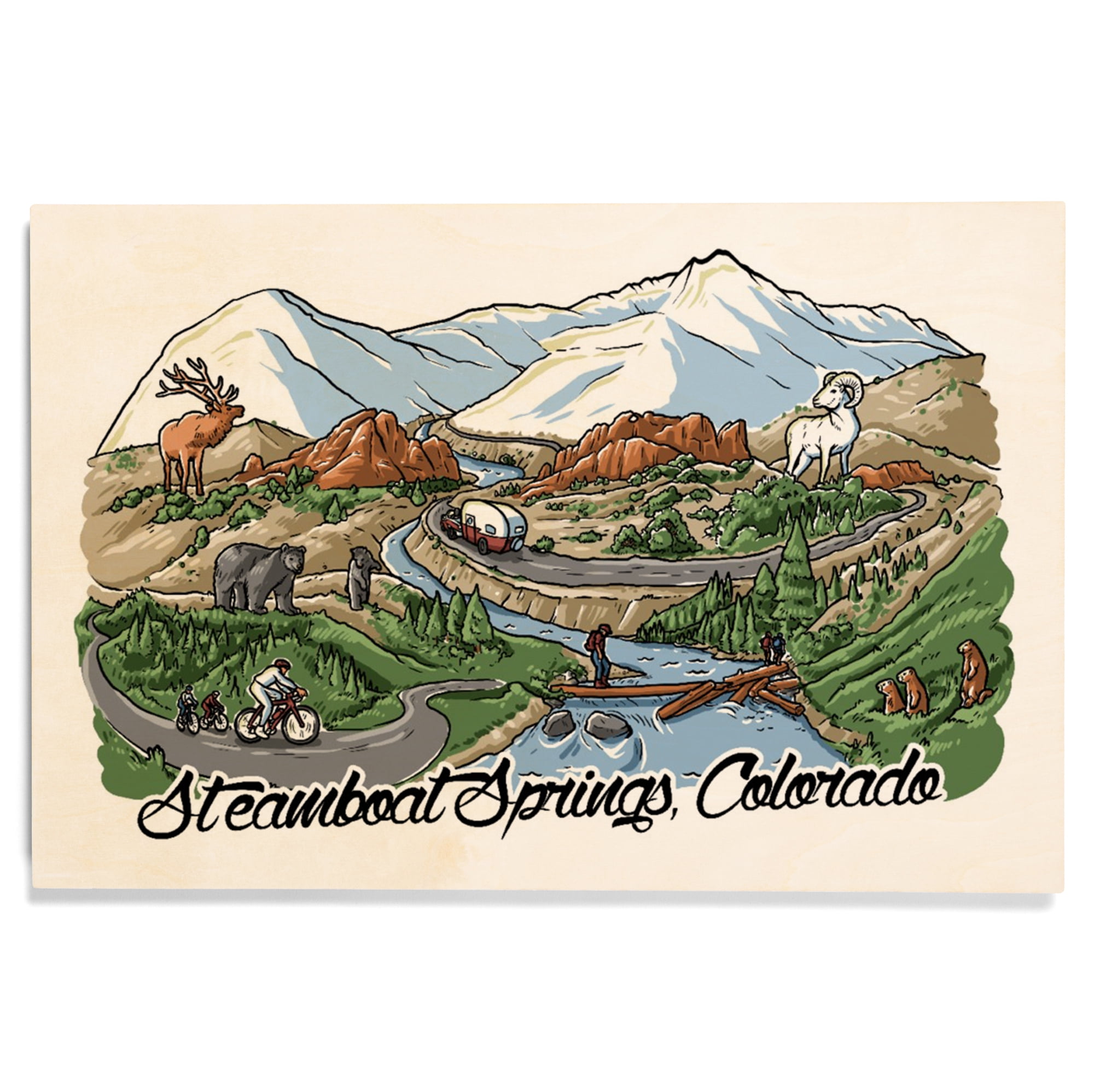 Steamboat Springs, Colorado, Line Drawing Birch Wood Wall Sign (12x18 ...