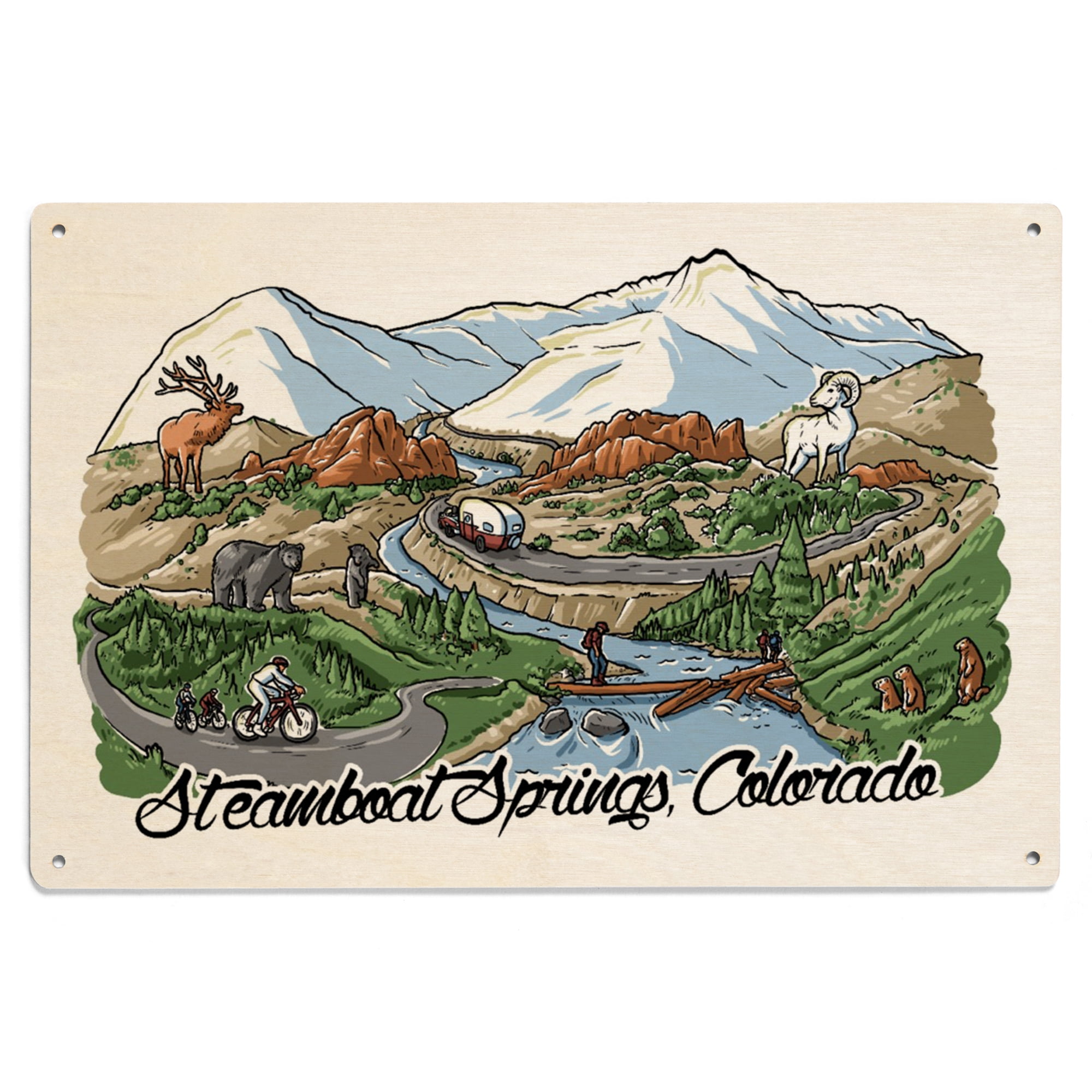 Steamboat Springs, Colorado, Line Drawing Birch Wood Wall Sign (6x9 ...