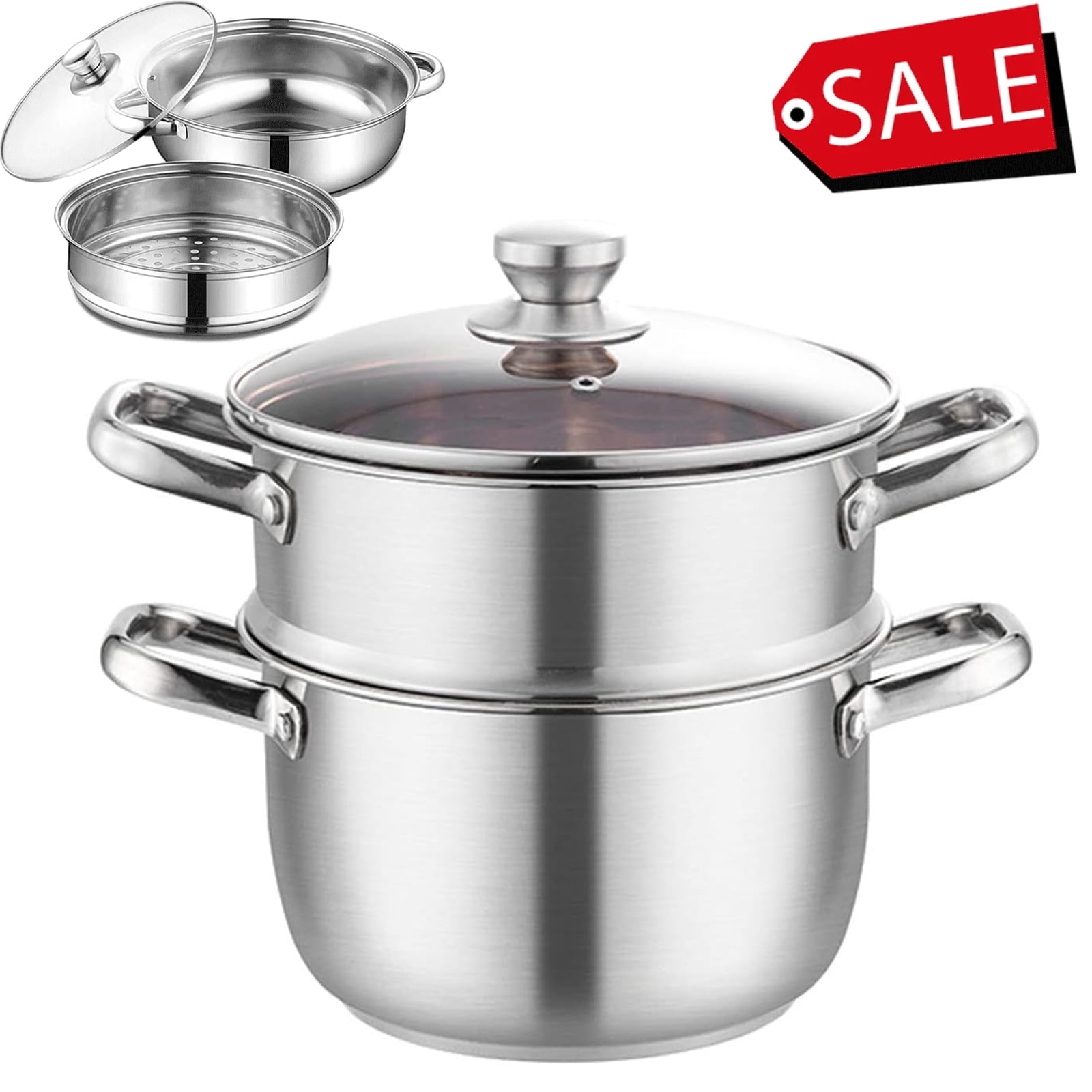 Steamer for Cooking, Stainless Steel Steamer Pot with Glass Lid, 2 Tier ...