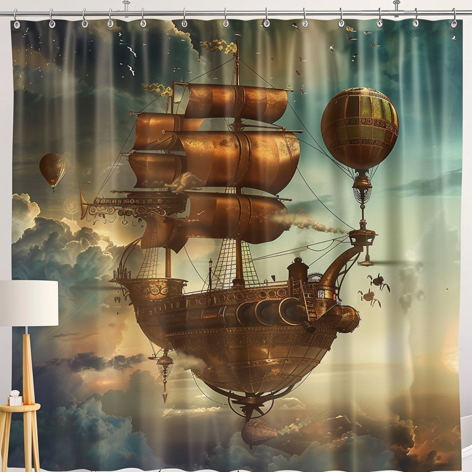 Steampunk Airship Fantasy Bathroom Curtain Vintage Flying Ships Design Medieval Theme Decor ...