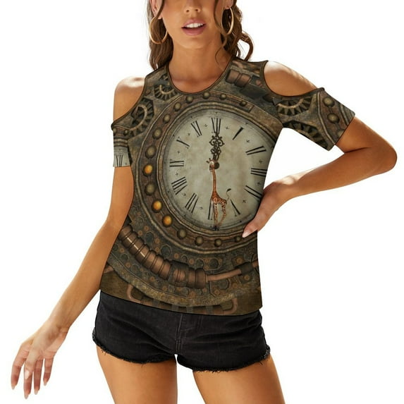 Steampunk Awesome Clock Print O-Neck Off-The-Shoulder Top Short-Sleeved ...