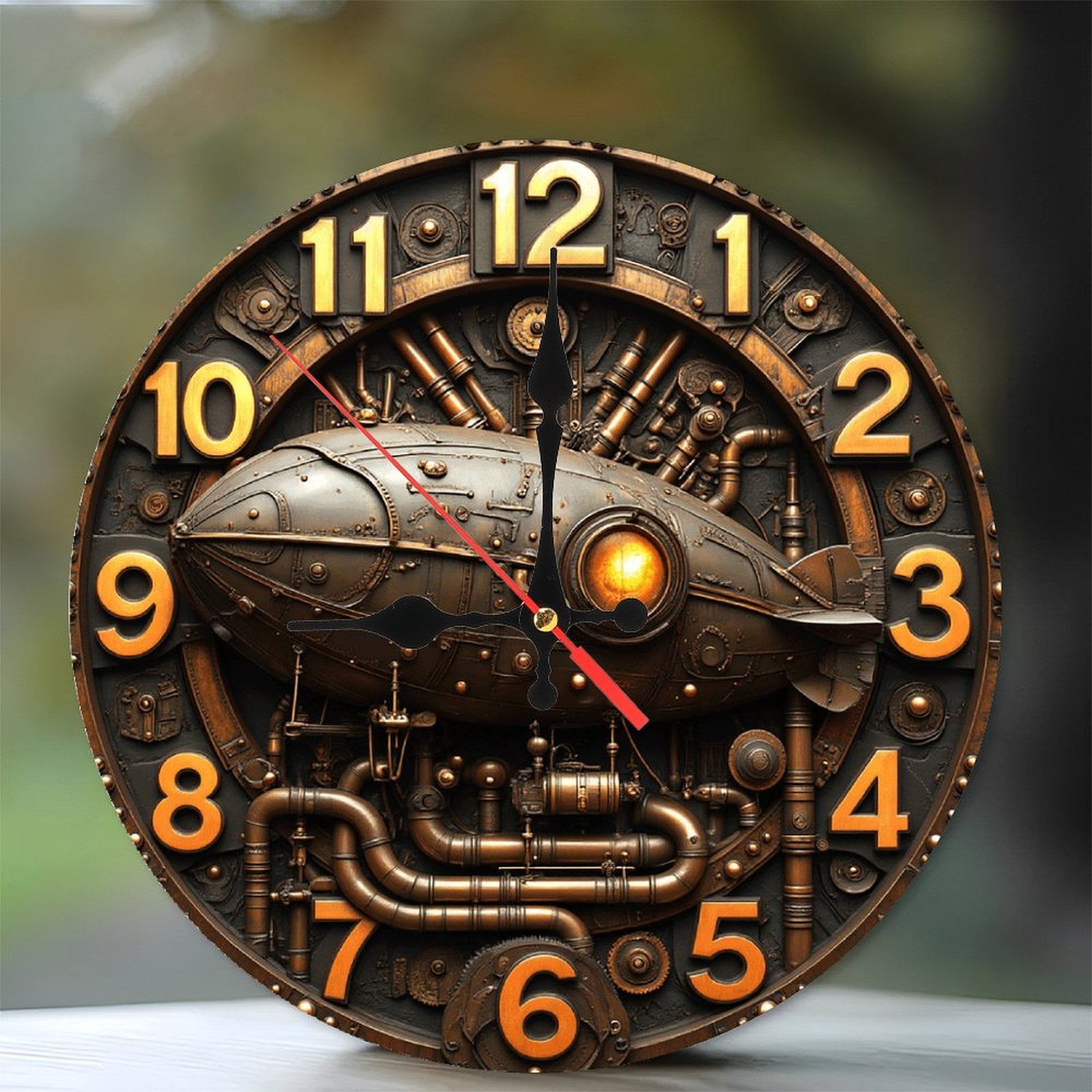 Steampunk Clock with Vintage Brass Design And Airship 10-Inch Silent ...