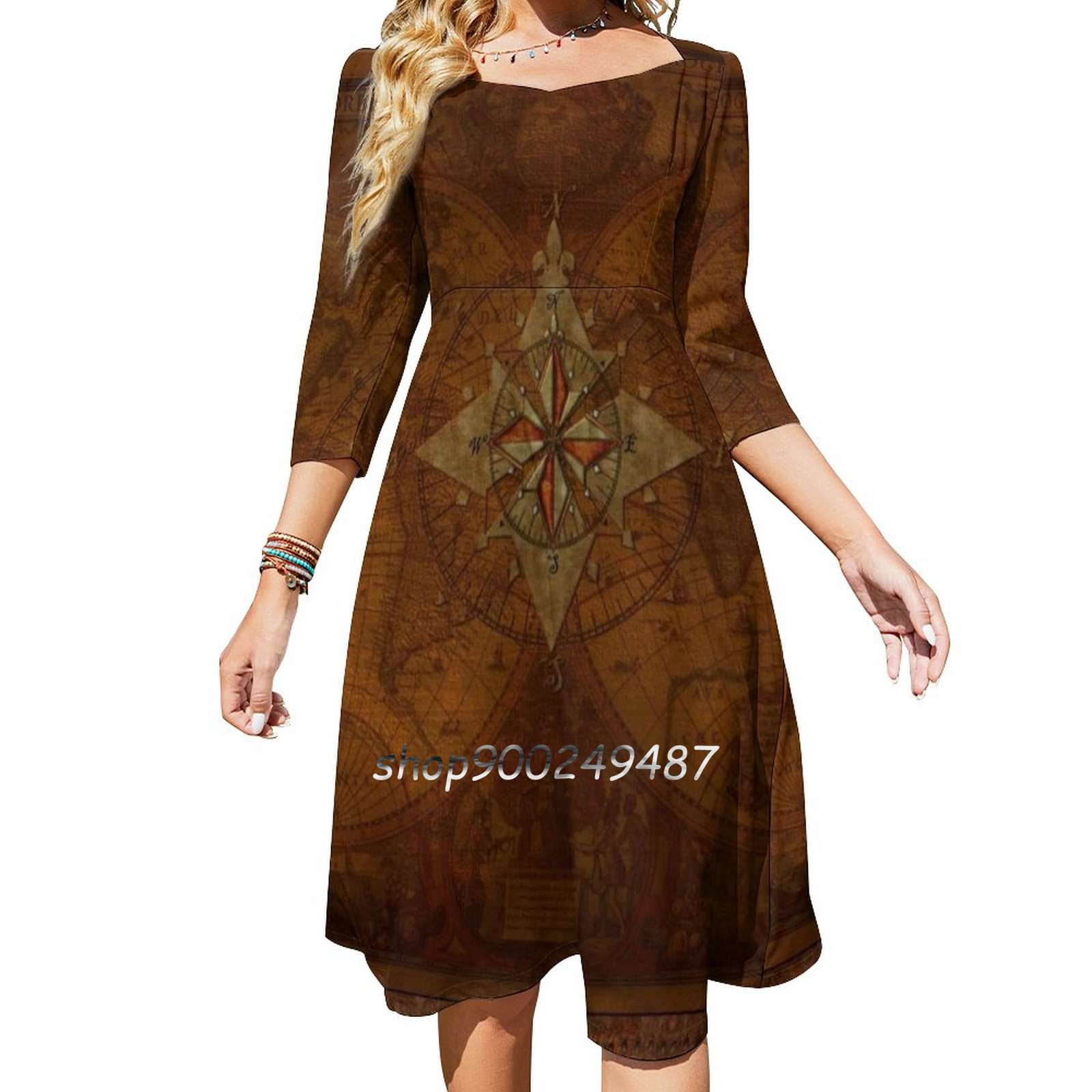 Steampunk Compass Rose & Antique Map Square Neck Dress New Plus Size ...
