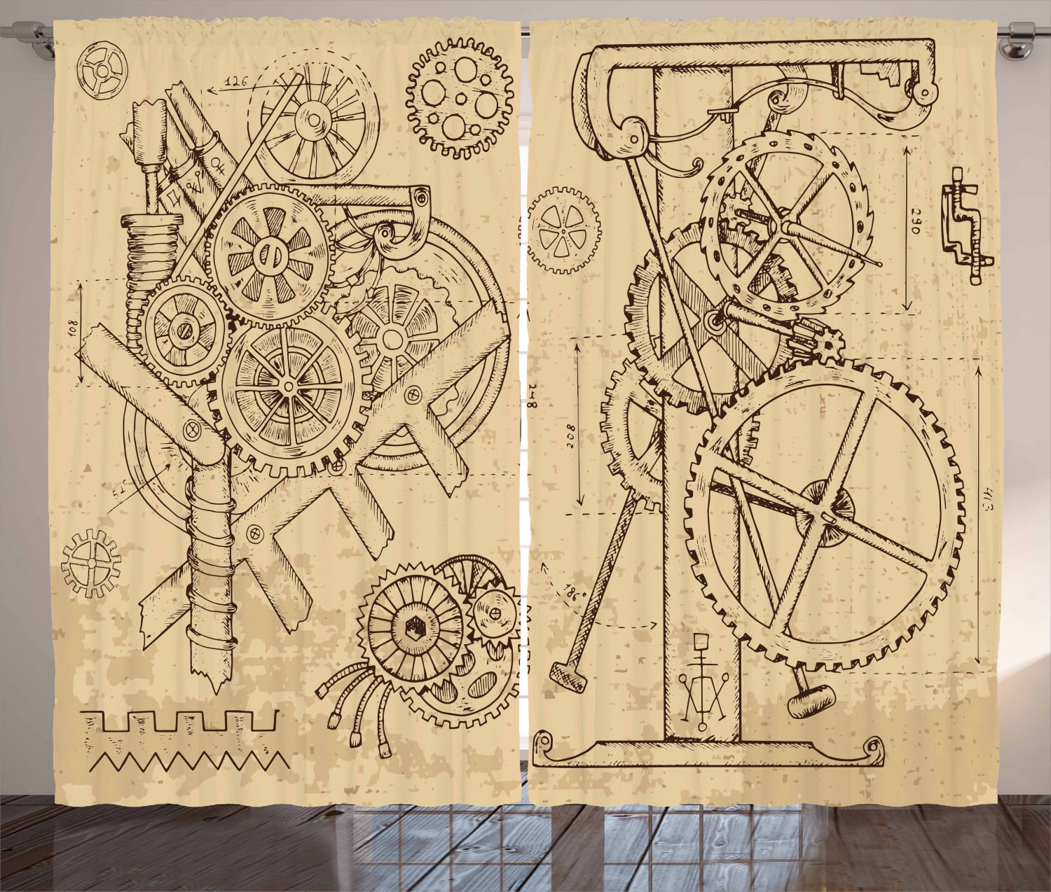 Ambesonne Steampunk Curtains 2 Panel Set, Hand-Drawn Machines, 108" x ...