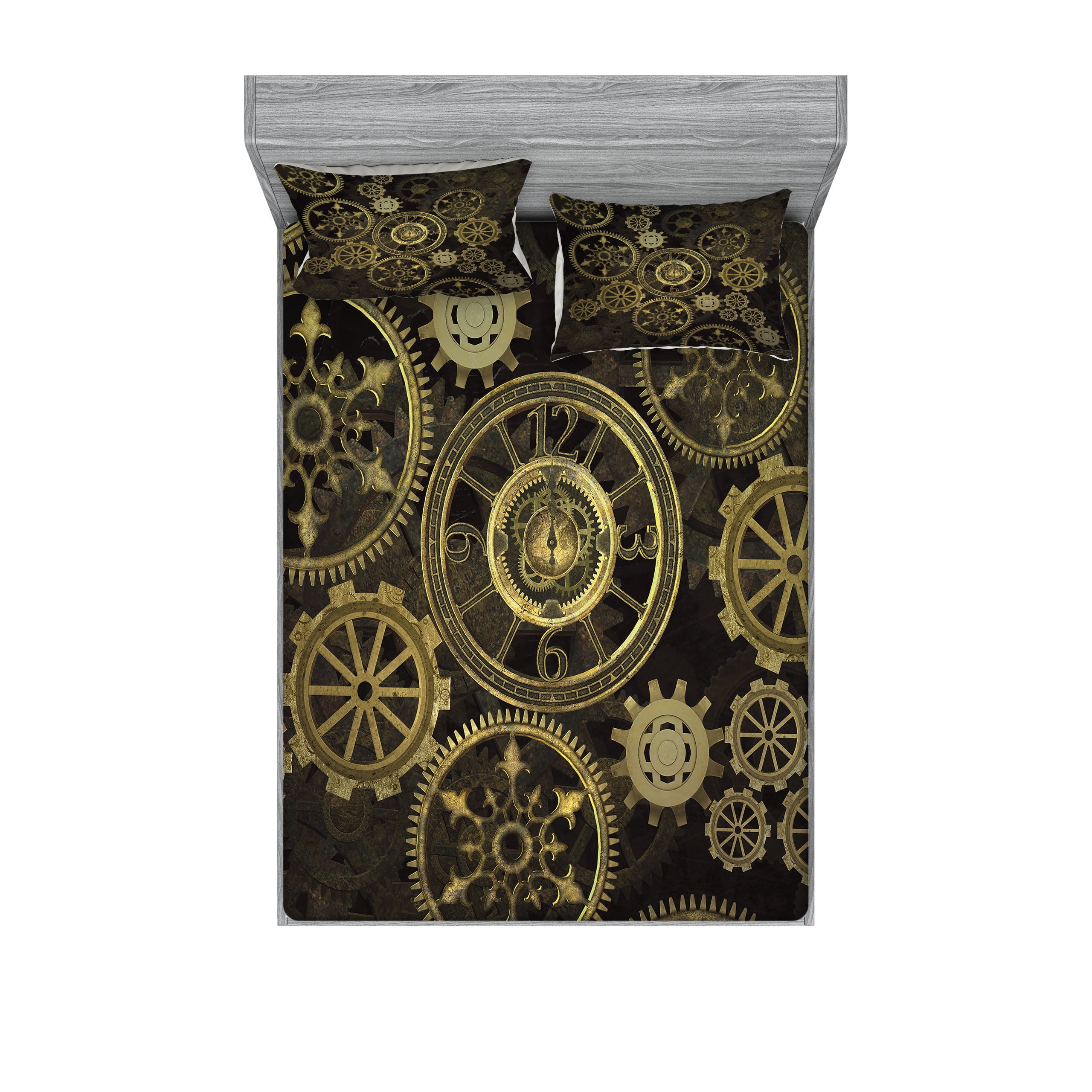 Steampunk Fitted Sheet & Pillow Sham Set, Dark Toned Mechanical ...
