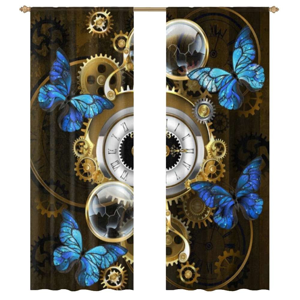 Steampunk Gears And Blue Butterflies Tulle Curtains For Living Room ...