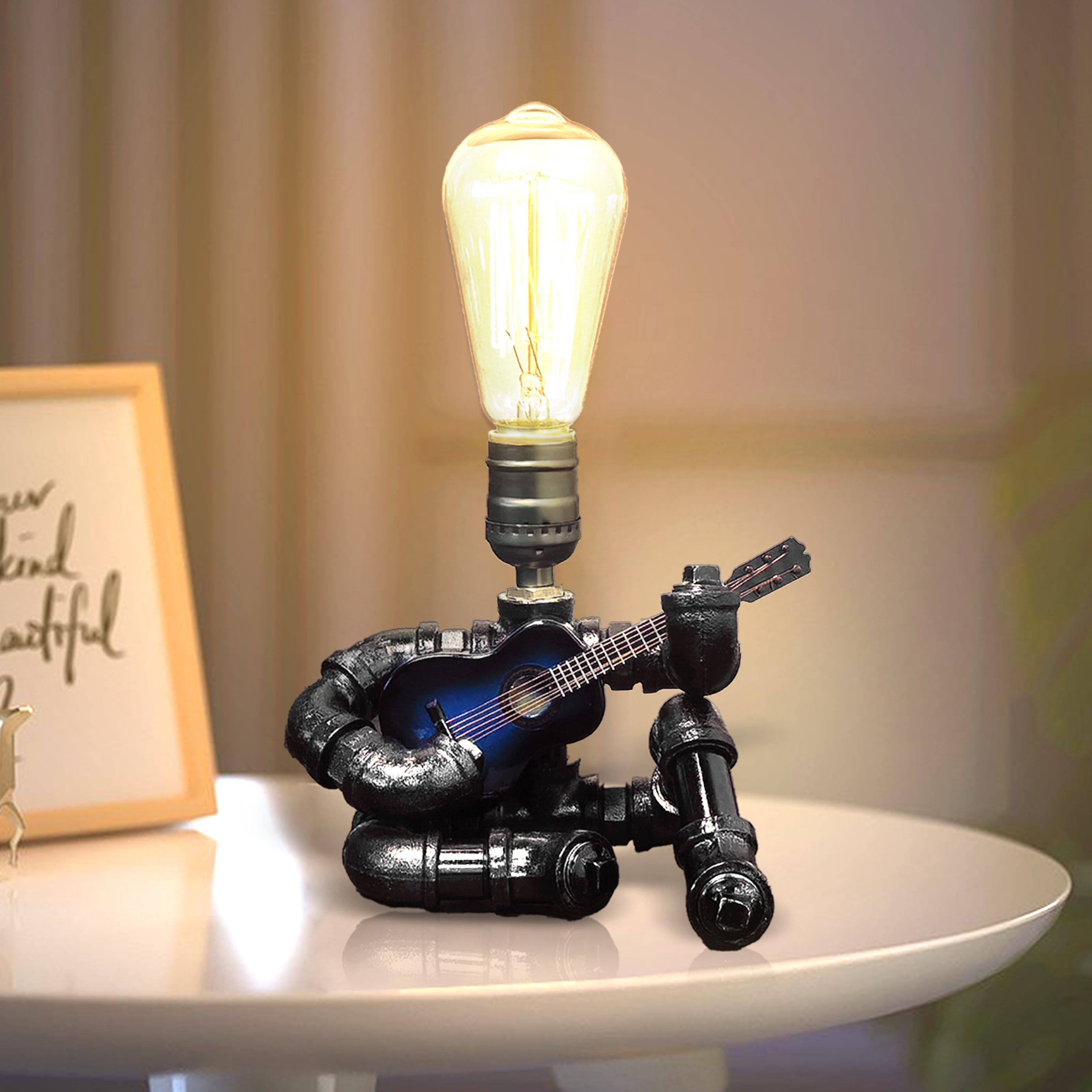 Steampunk Guitar Table Lamp Edison Bulb Pipe Light Cool Music Decor ...