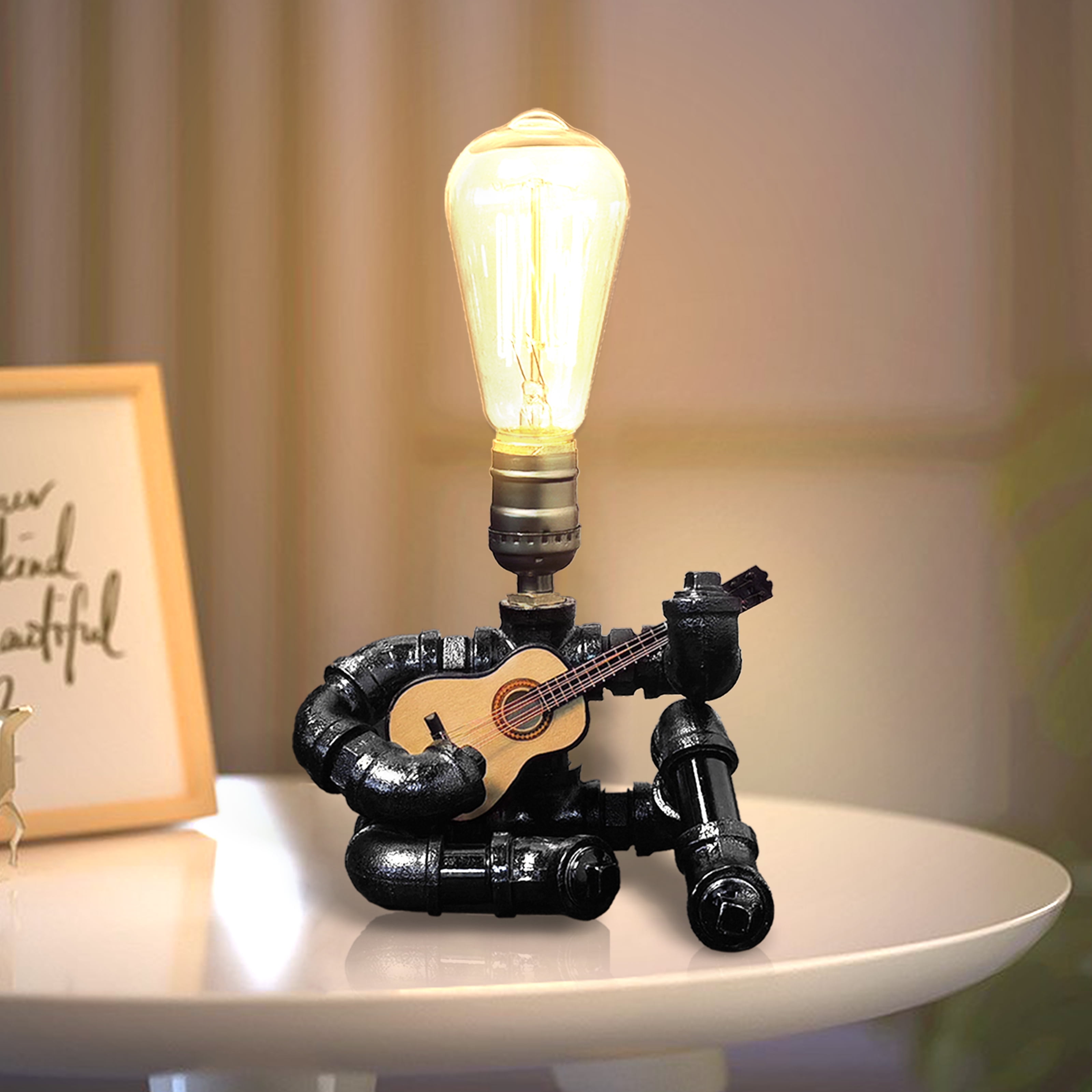 Steampunk Guitar Table Lamp Edison Bulb Pipe Light Cool Music Decor ...