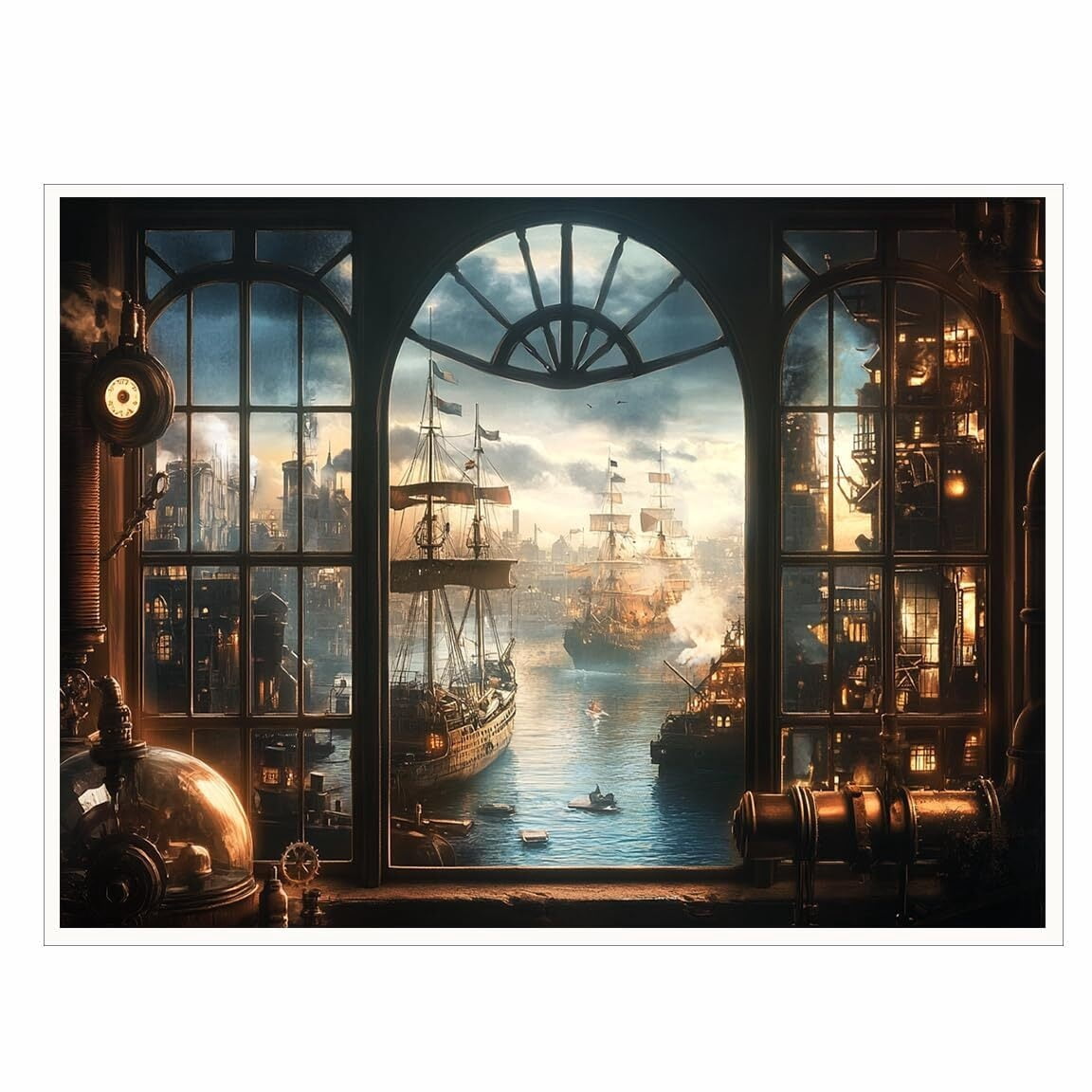 Steampunk Harbor Canvas Wall Art Victorian Architecture with Sailing ...