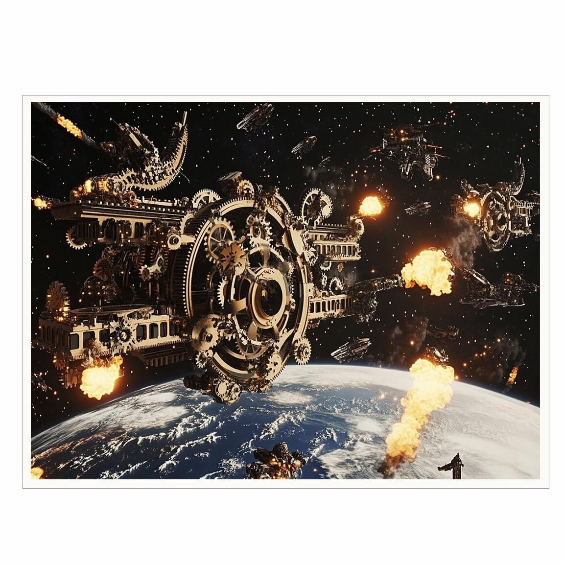 Steampunk Space Battle Wall Art Clockwork Spaceship with Gears and ...