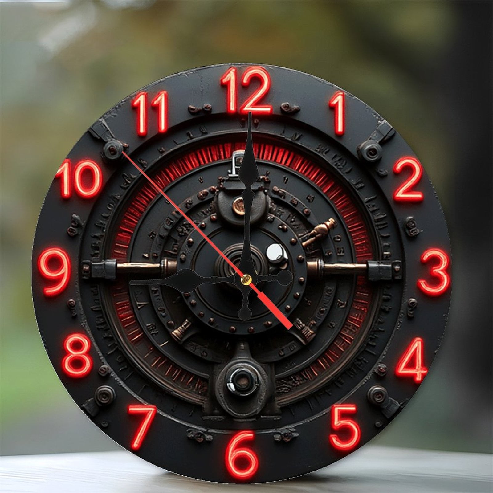 Steampunk Style Clock Neon Red Numbers Wall Clock 10-Inch Silent Wooden ...